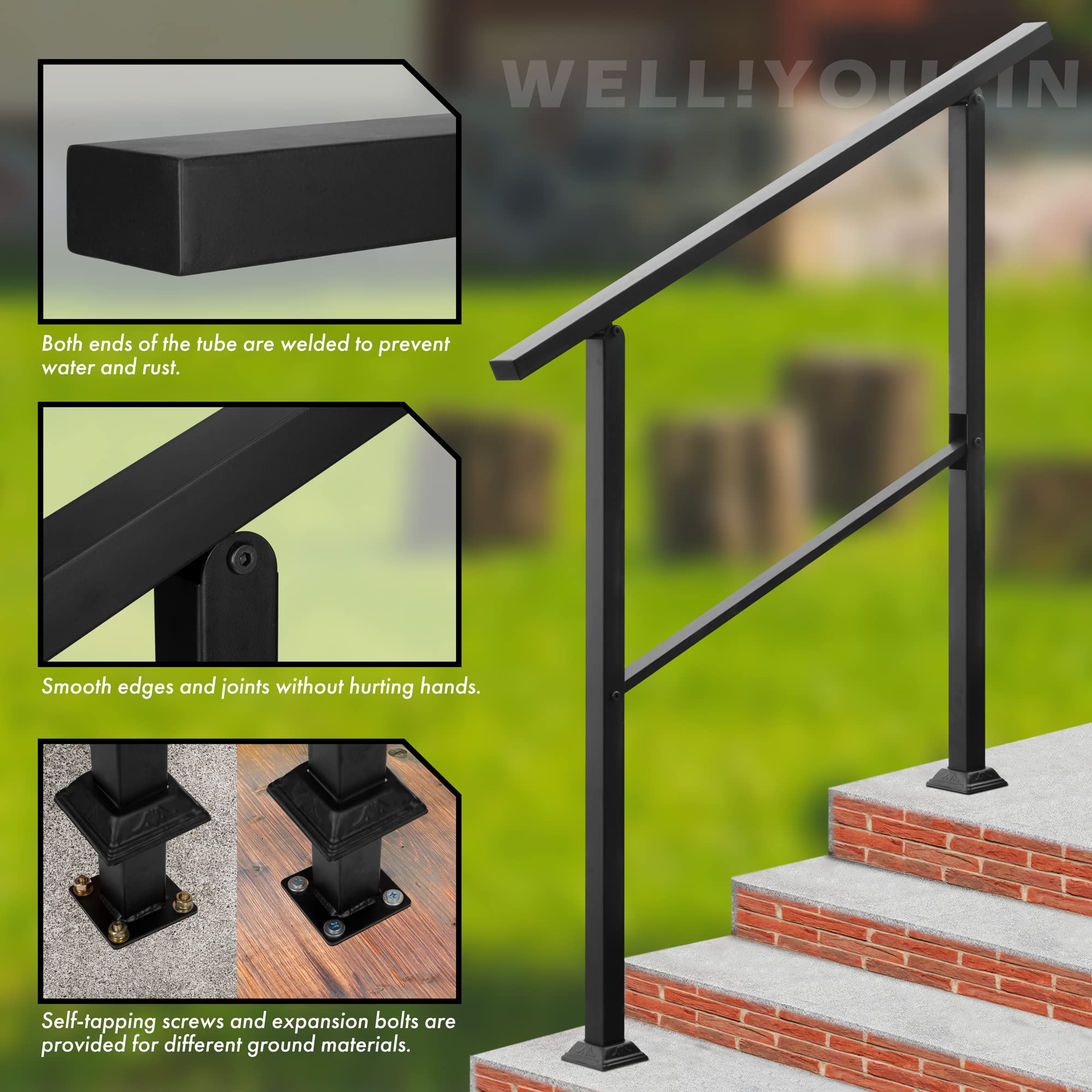 Snapklik.com : Handrails For Outdoor Steps Fits 3-4 Steps, Black ...