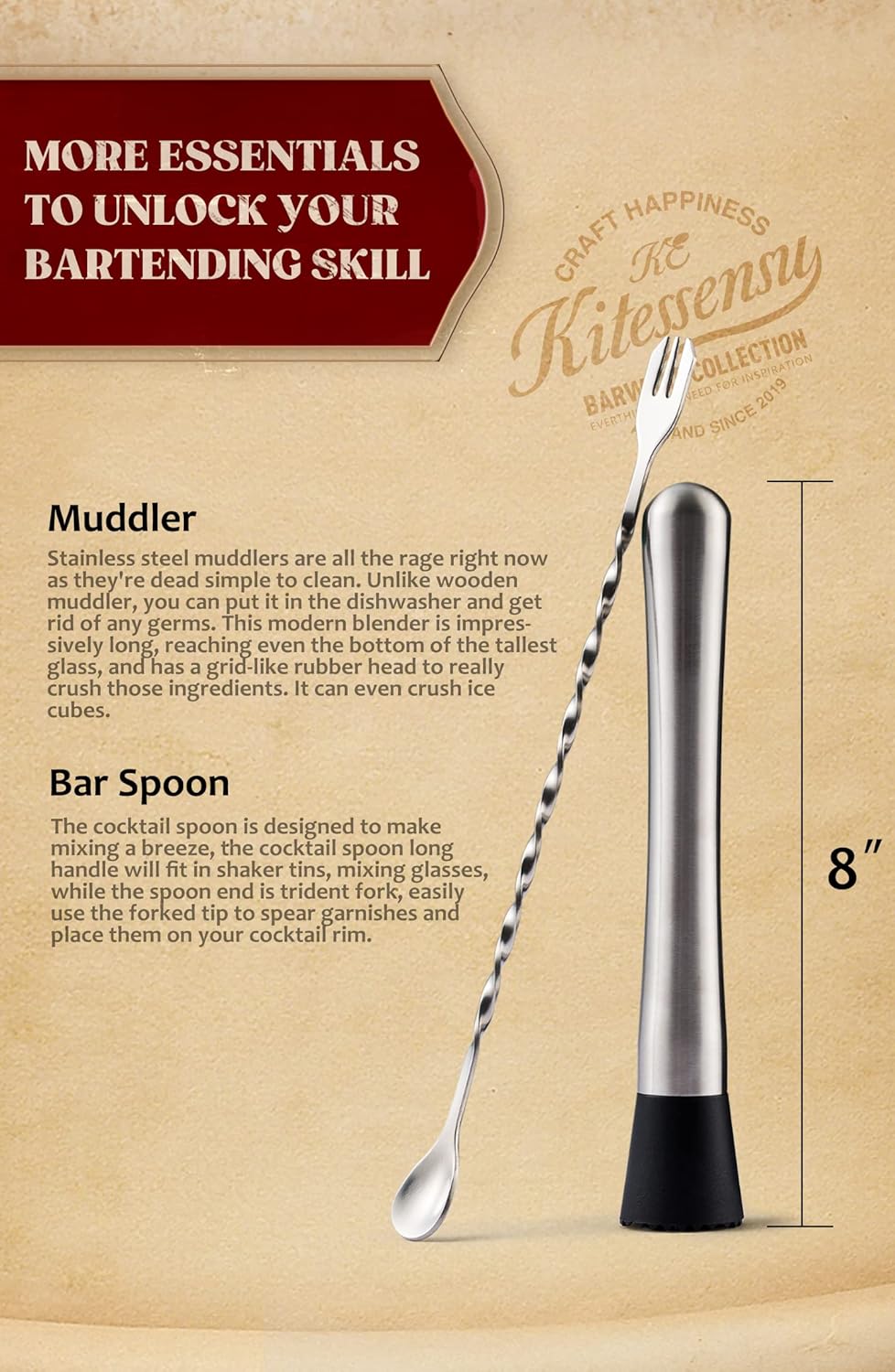 Muddler and bar Spoon, 8 Inch Stainless Steel Muddler for Cocktails ...