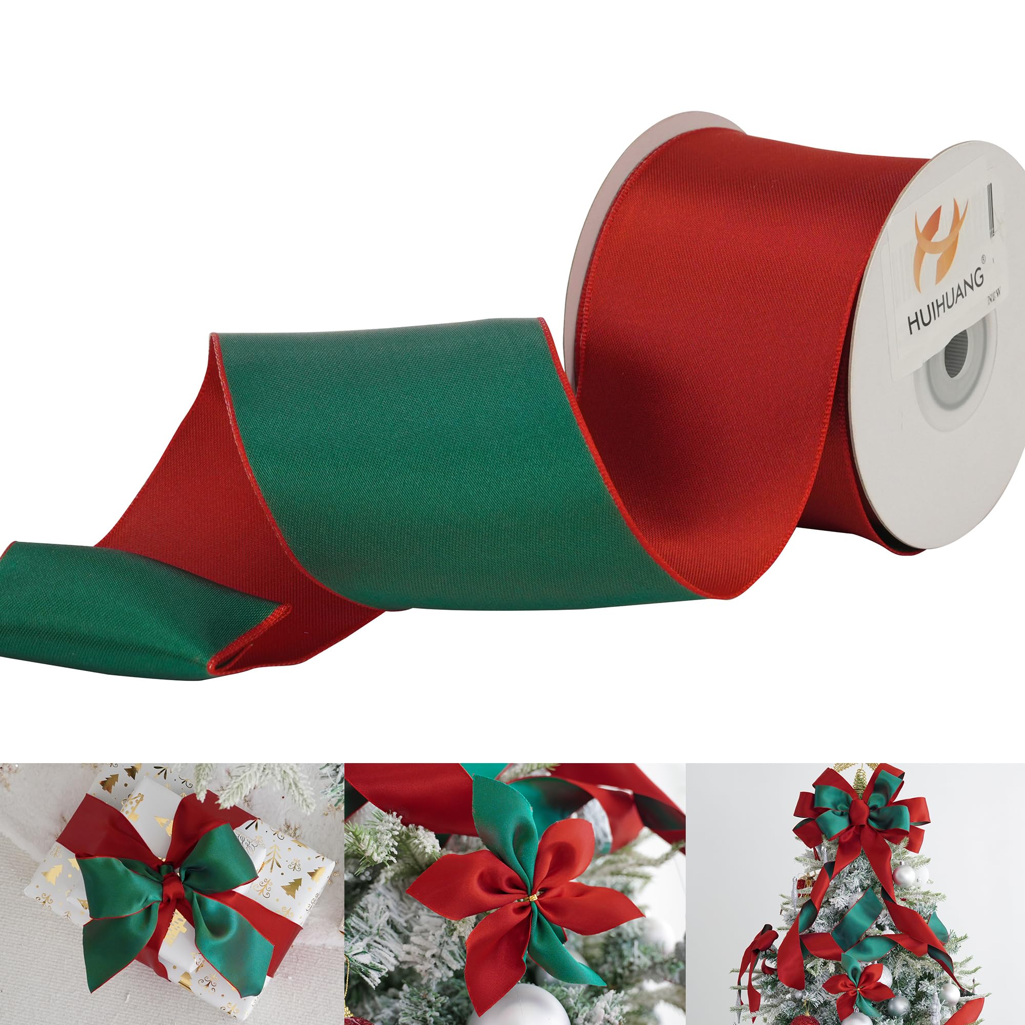 Amazon.com: HUIHUANG Green and Red Wired Ribbon 2.5 inch Double Face ...