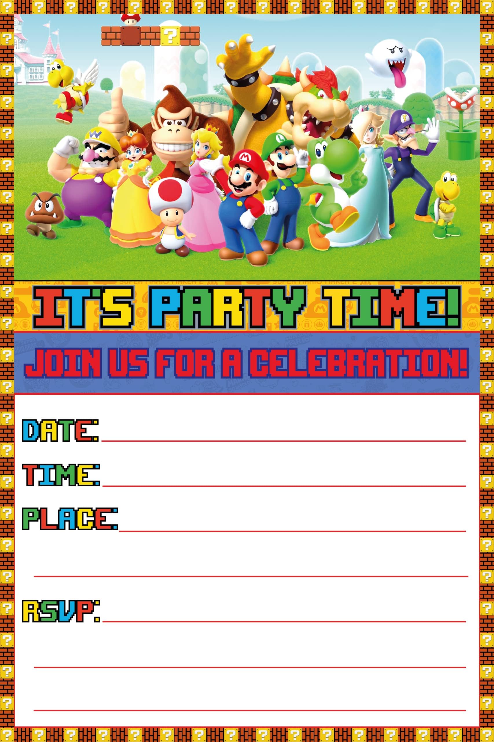 25x Super Mario Birthday Invitations – Fill-in Happy Birthday Party ...