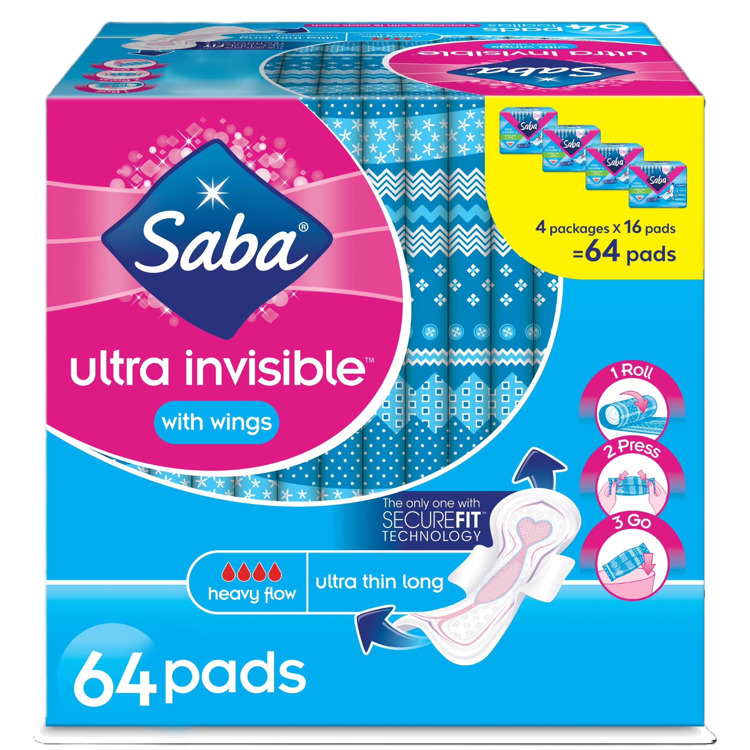 Amazon.com: Saba Ultra Invisible Ultra Thin Long Pads with Wings ...