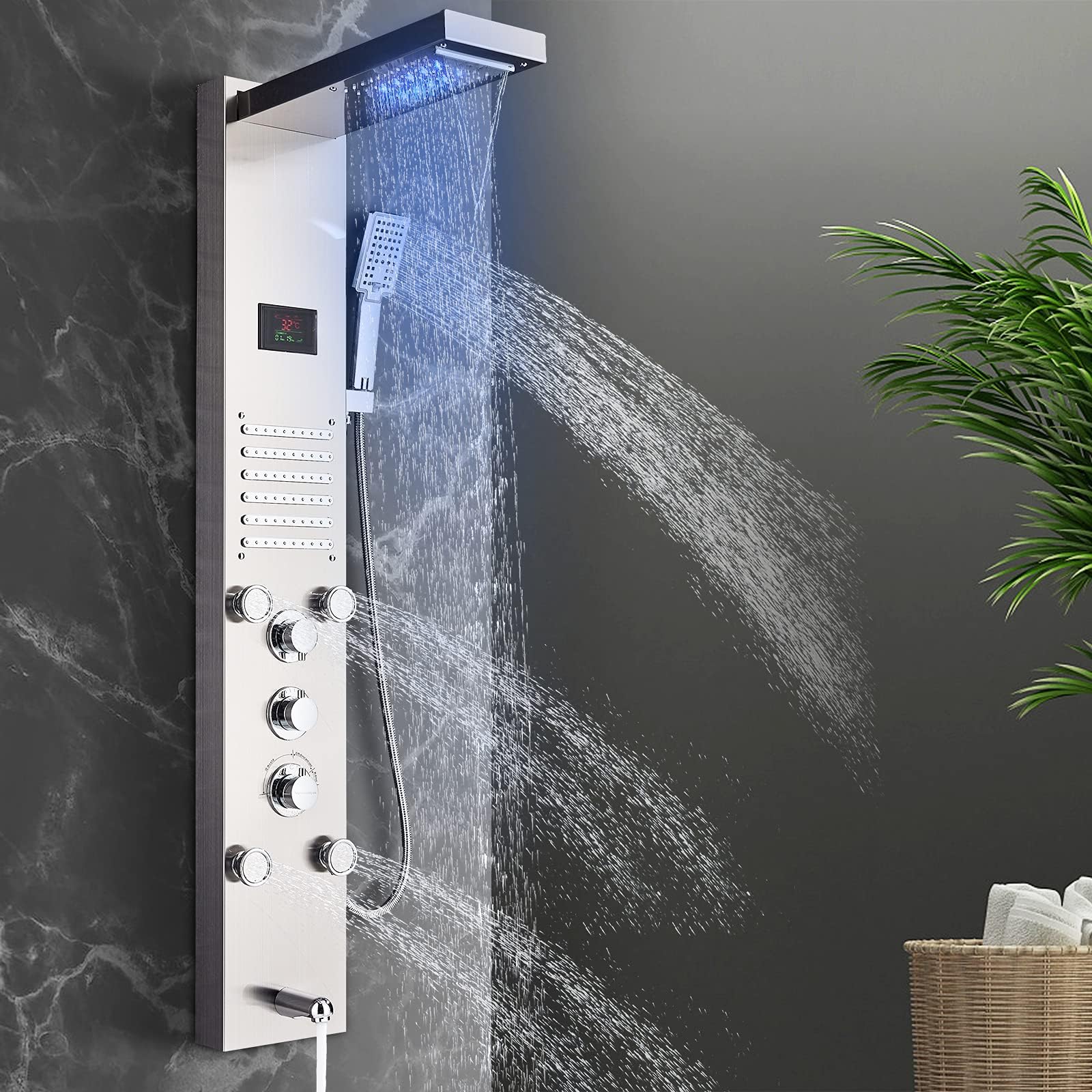 NeierThodore LED Rainfall Waterfall Shower Panel Shower Tower Multi ...