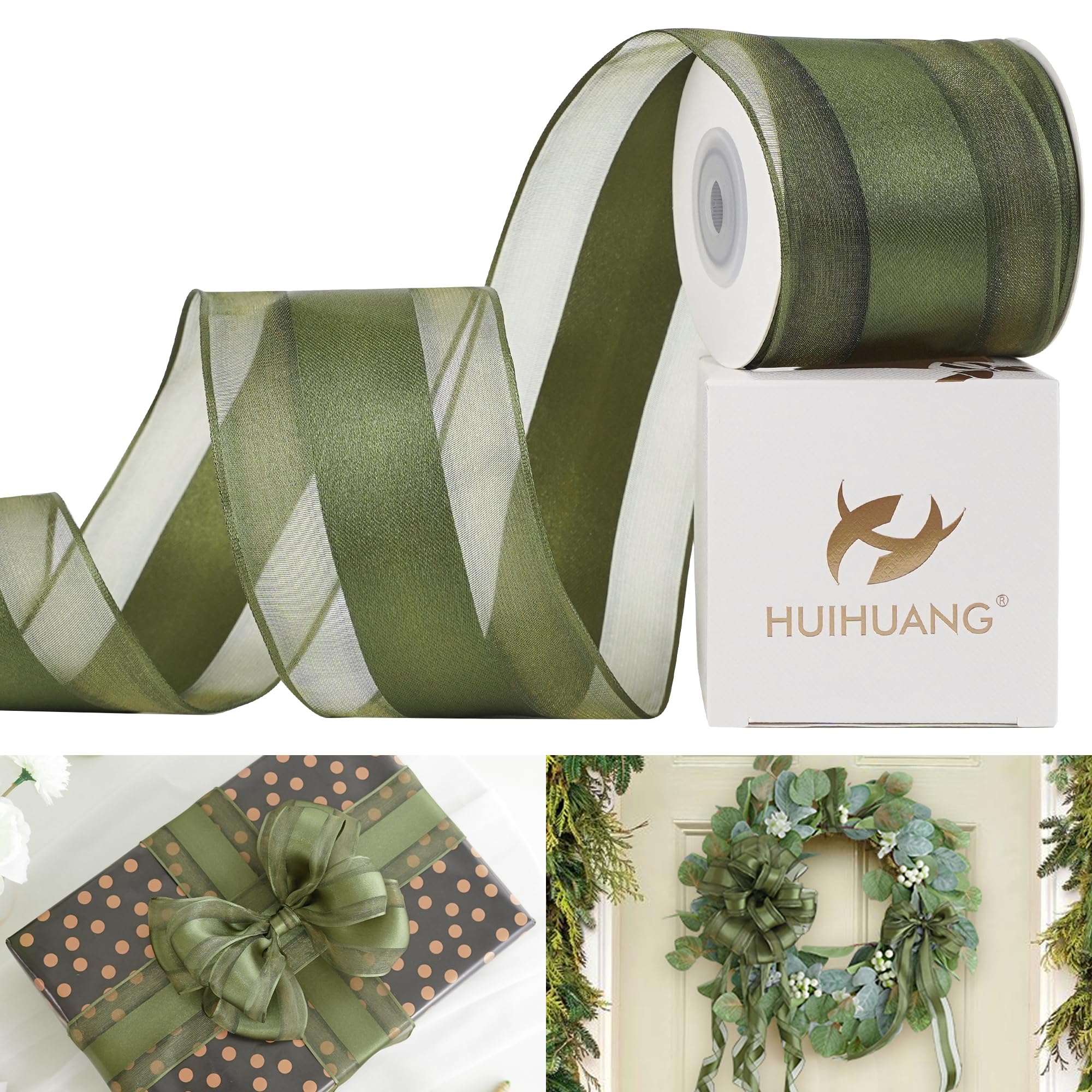 Amazon.com: HUIHUANG Moss Green Sheer Wired Ribbon with Satin Stripe 2. ...