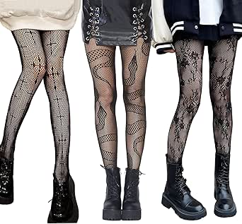 MADGININE 3 Pcs Printed Fishnet Tights - Black Lace Tights with Snake ...