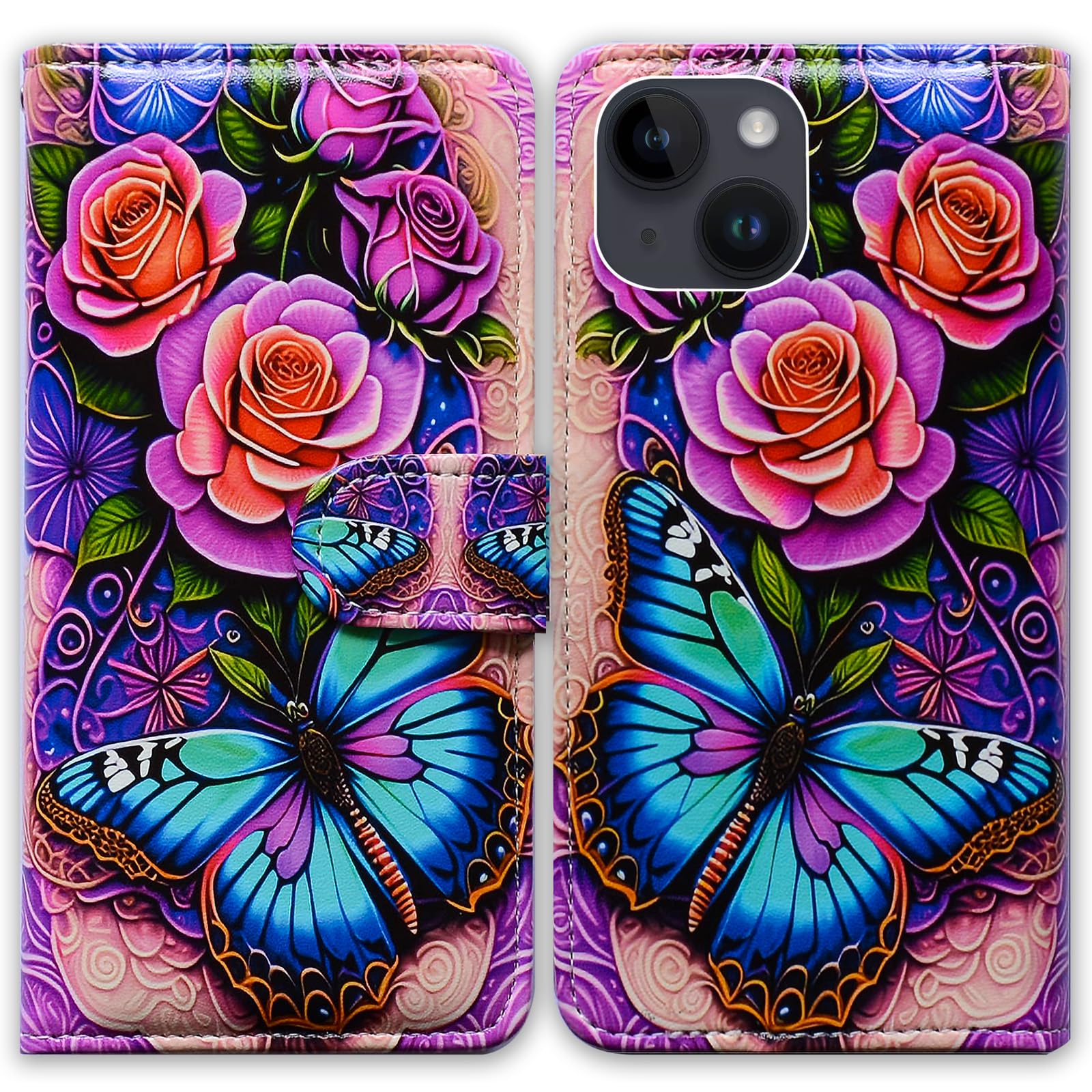 Amazon.com: Bcov Case for iPhone 15,Blue Butterfly Flowers Rose Leather ...