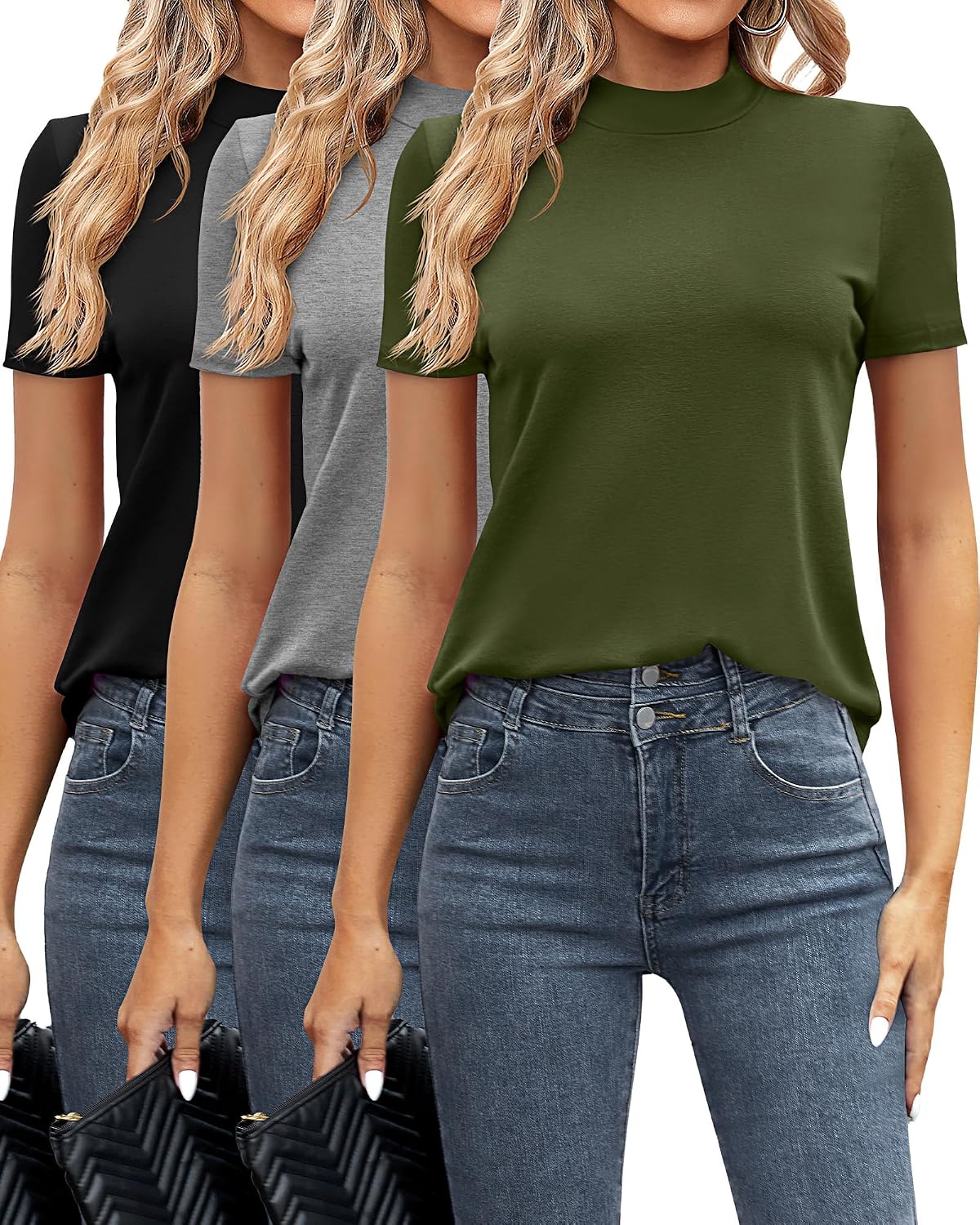 Ficerd 3 Pack Women's Mock Neck Shirts, Short Sleeve Turtleneck Tops ...