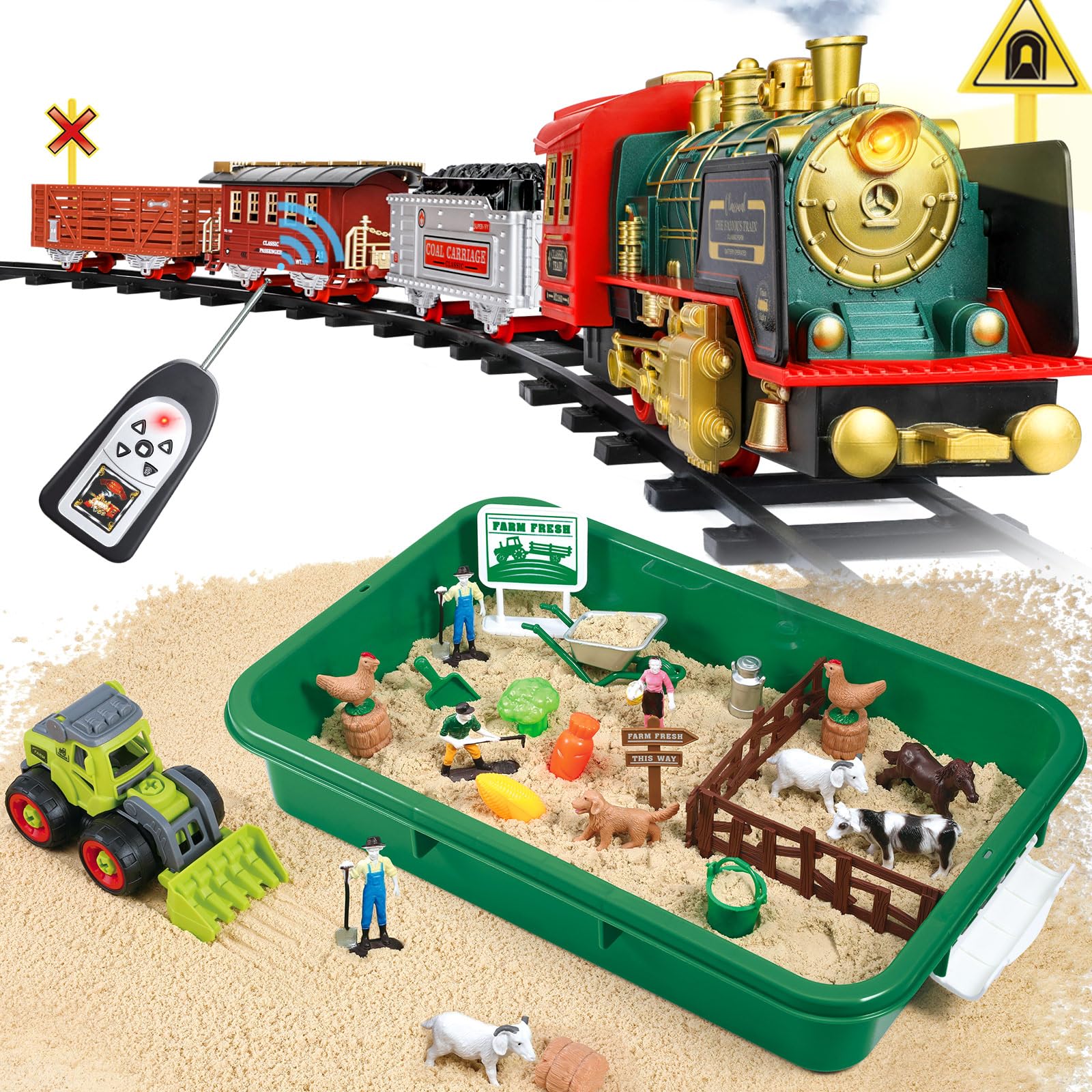 Amazon.com: FRUSE Remote Control Train Set & Play Sand Farm Toys,Electric R/C Train Toy for Kids ...