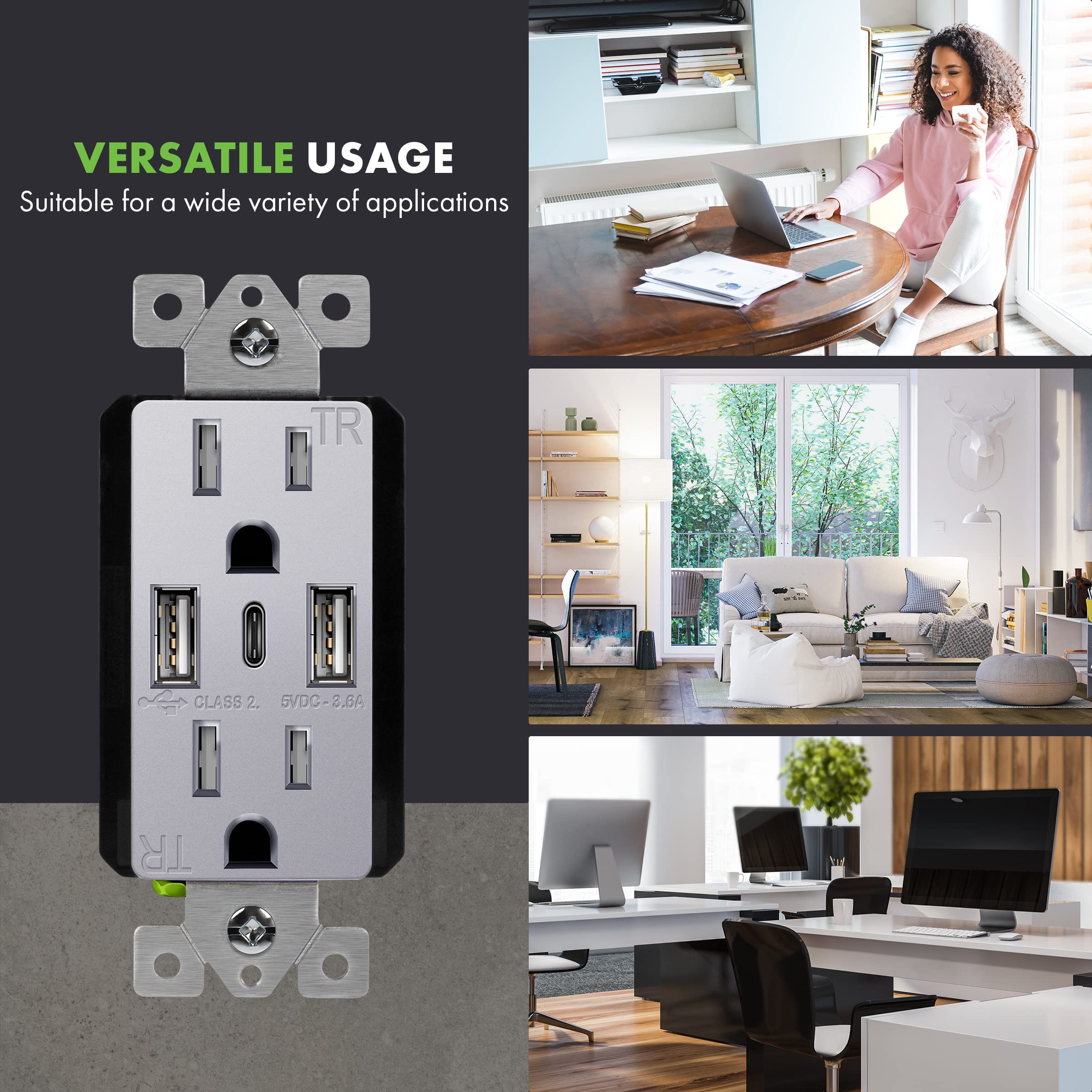 Snapklik.com : TOPGREENER USB Outlet, 3-Port Type C USB Wall Outlet, 15 ...