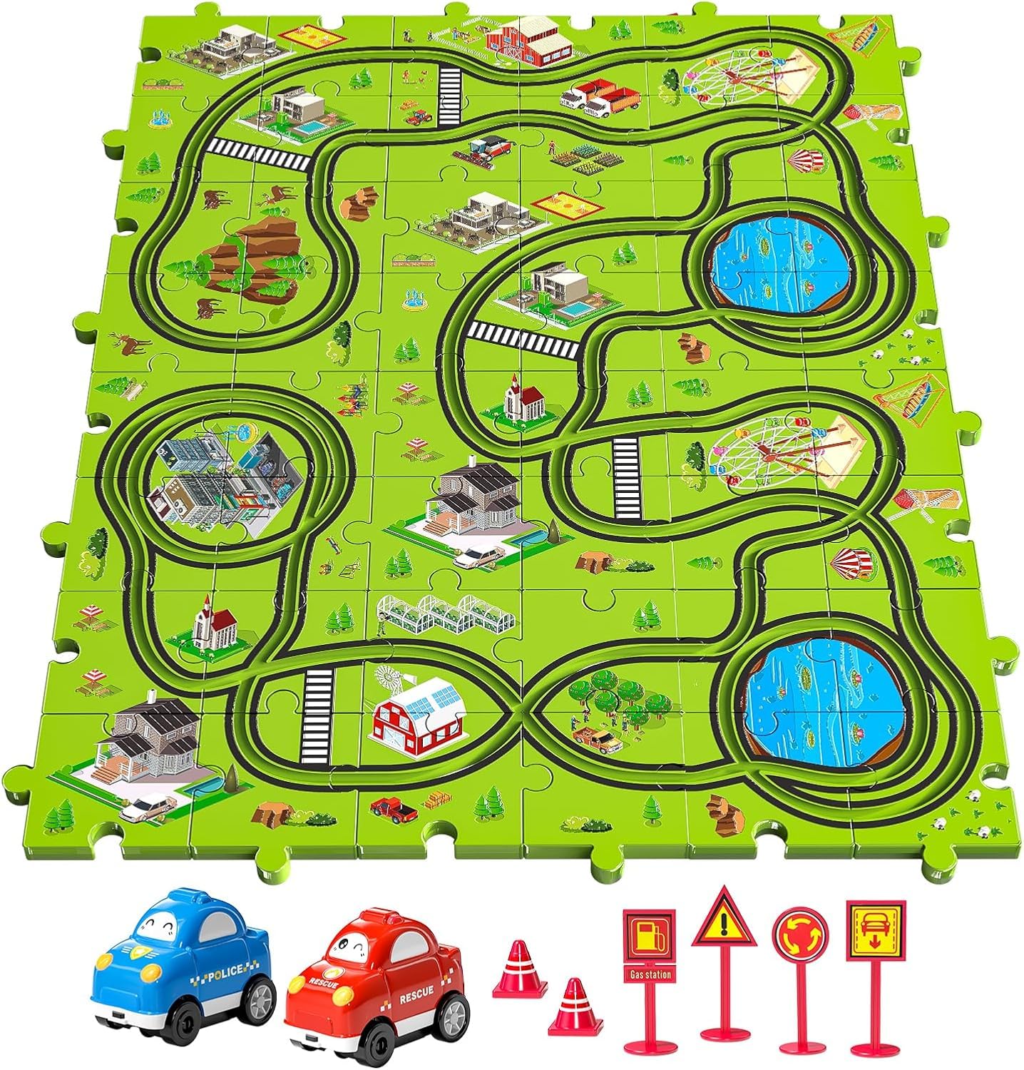 Amazon.com: TEMI 48 Pieces Puzzle Race Tracks Car Set Toys for Kids ...