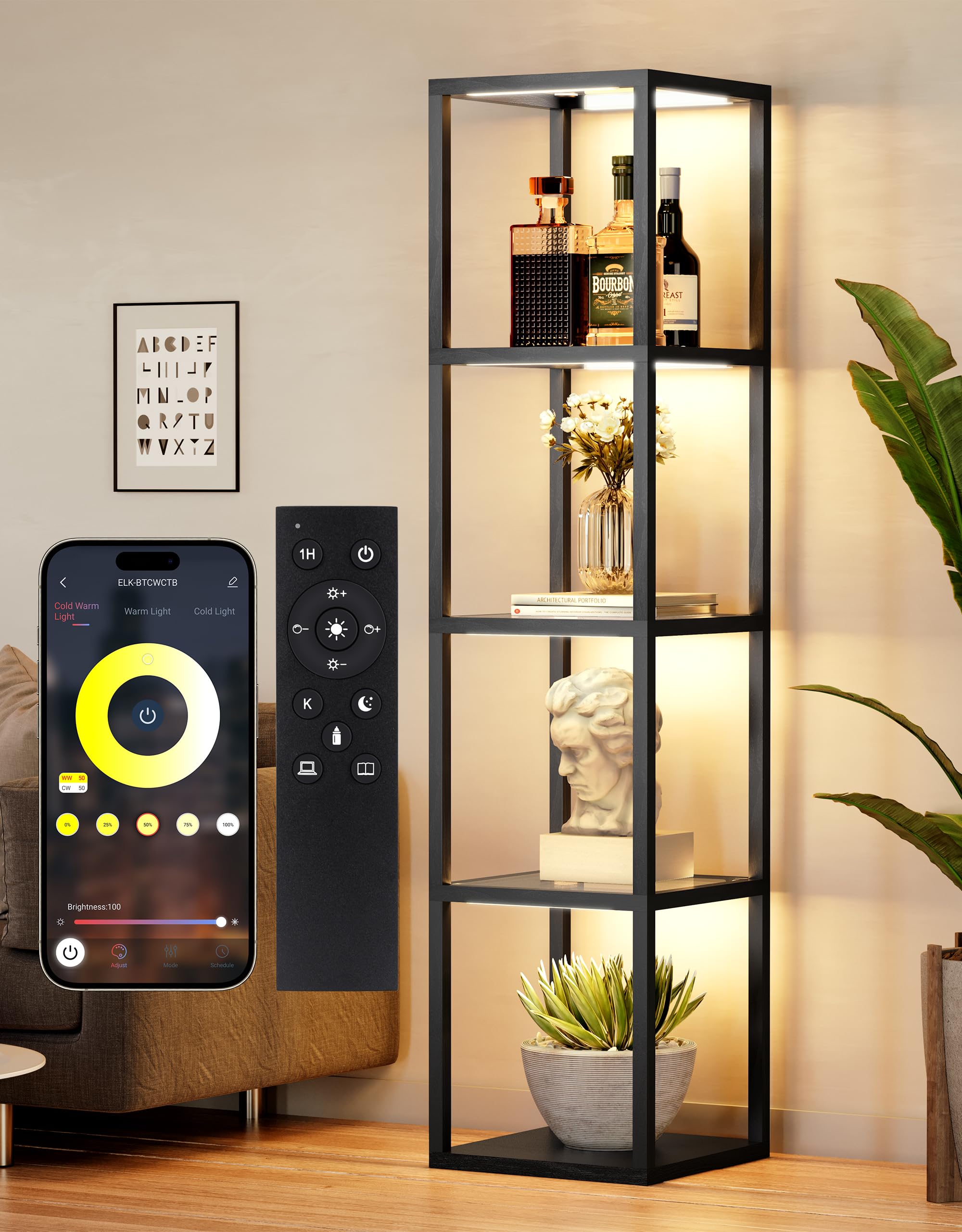PARTPHONER Floor Lamp Glass Display Shelf with Remote/APP Control ...