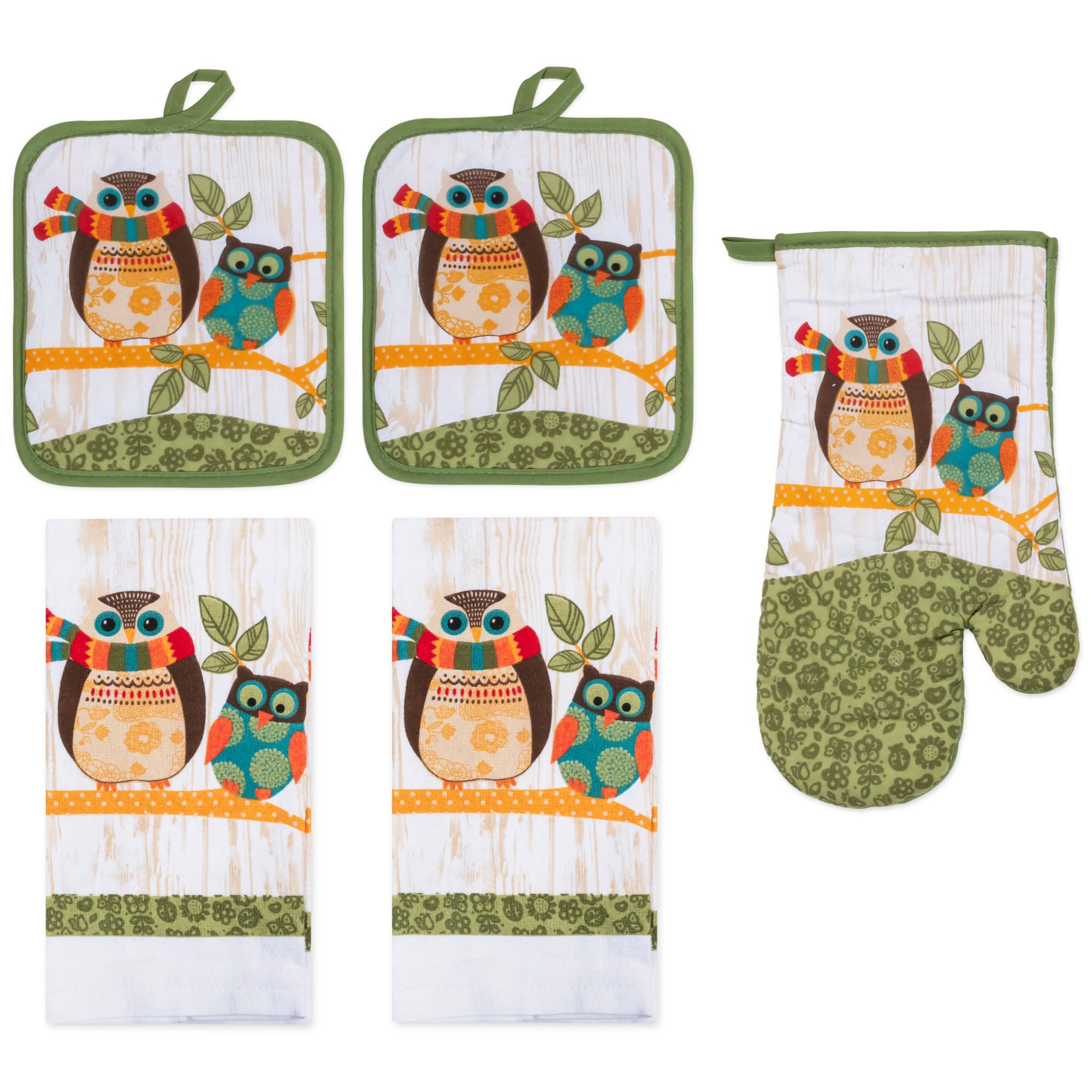 Amazon.com: PREMIUS 5 Piece Owls Printed Kitchen Linen Set, 2 Cotton ...