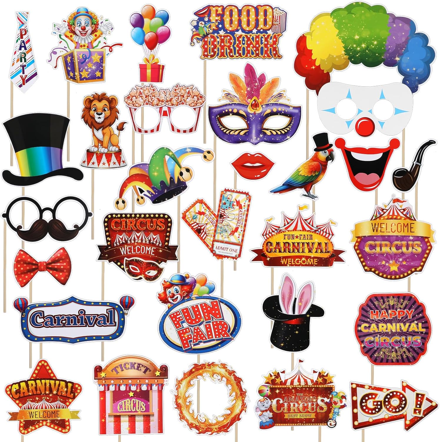 Amazon.com: 30Pcs Circus Photo Booth Props with Stickers, Funny Circus ...