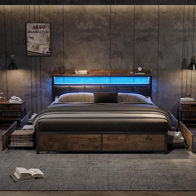 Bgsryao Bett 180x200 mit LED und Kopfteil, Polsterbett 180x200cm mit 4 ...