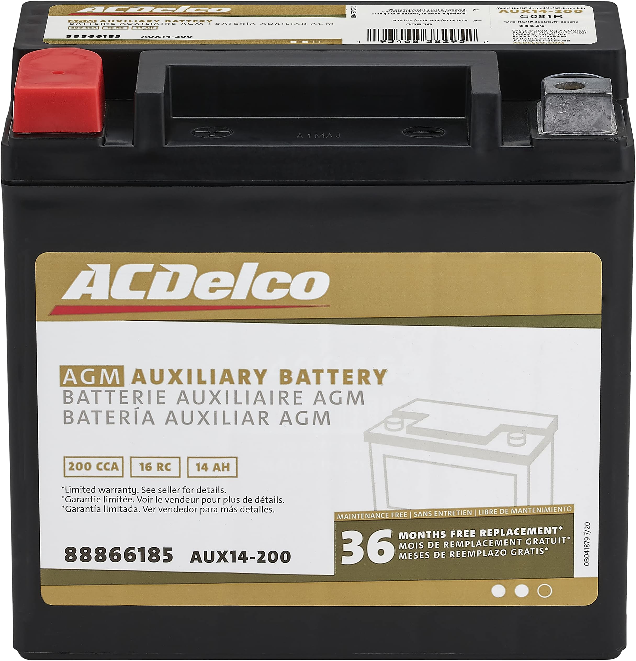 ACDelco Gold AUX14-200 (88866185) 36 Month Warranty Auxiliary AGM 200 CCA Battery, Batteries ...