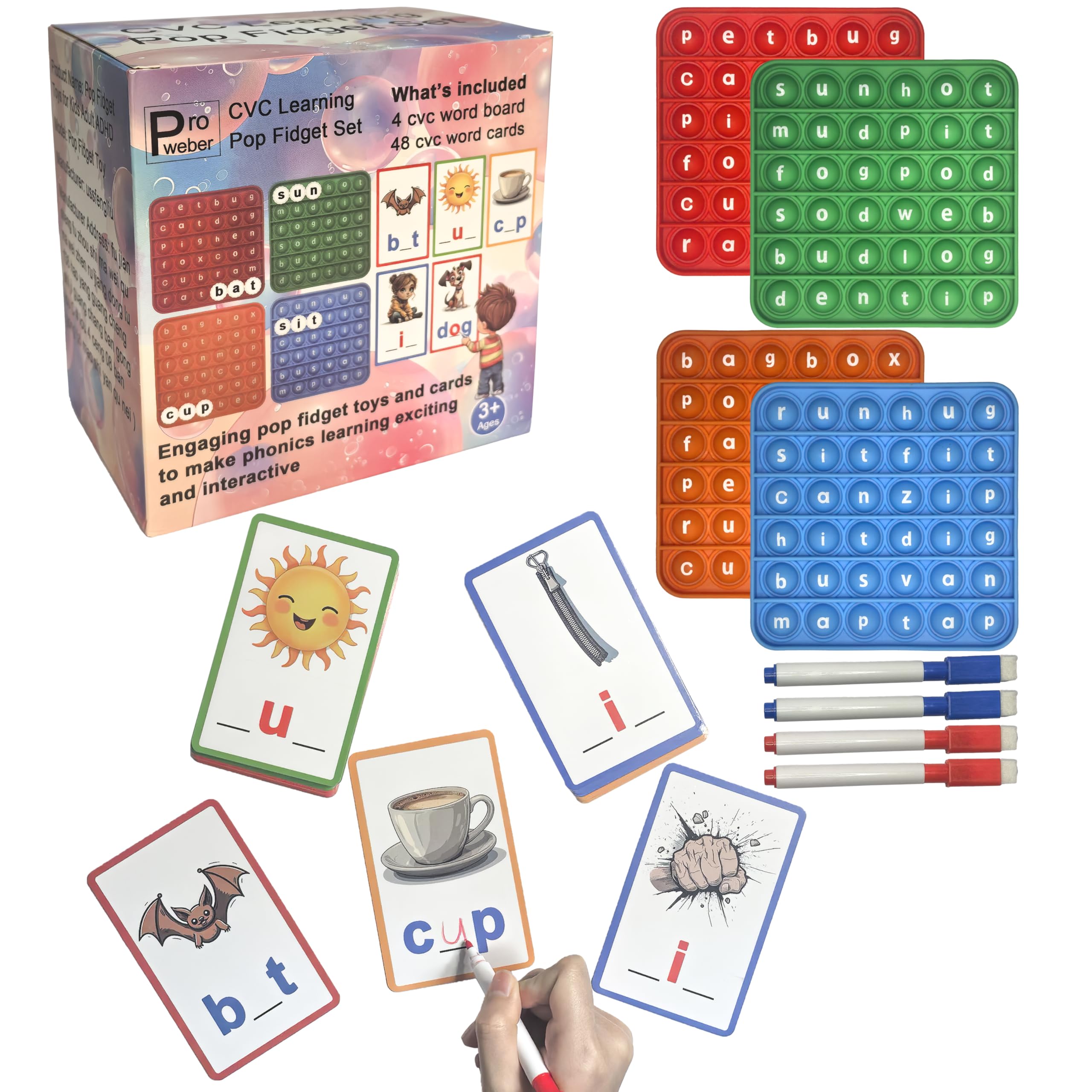 Amazon.com: Proweber CVC Learning Pop Fidget Set with Flash Cards - Educational Spelling and ...