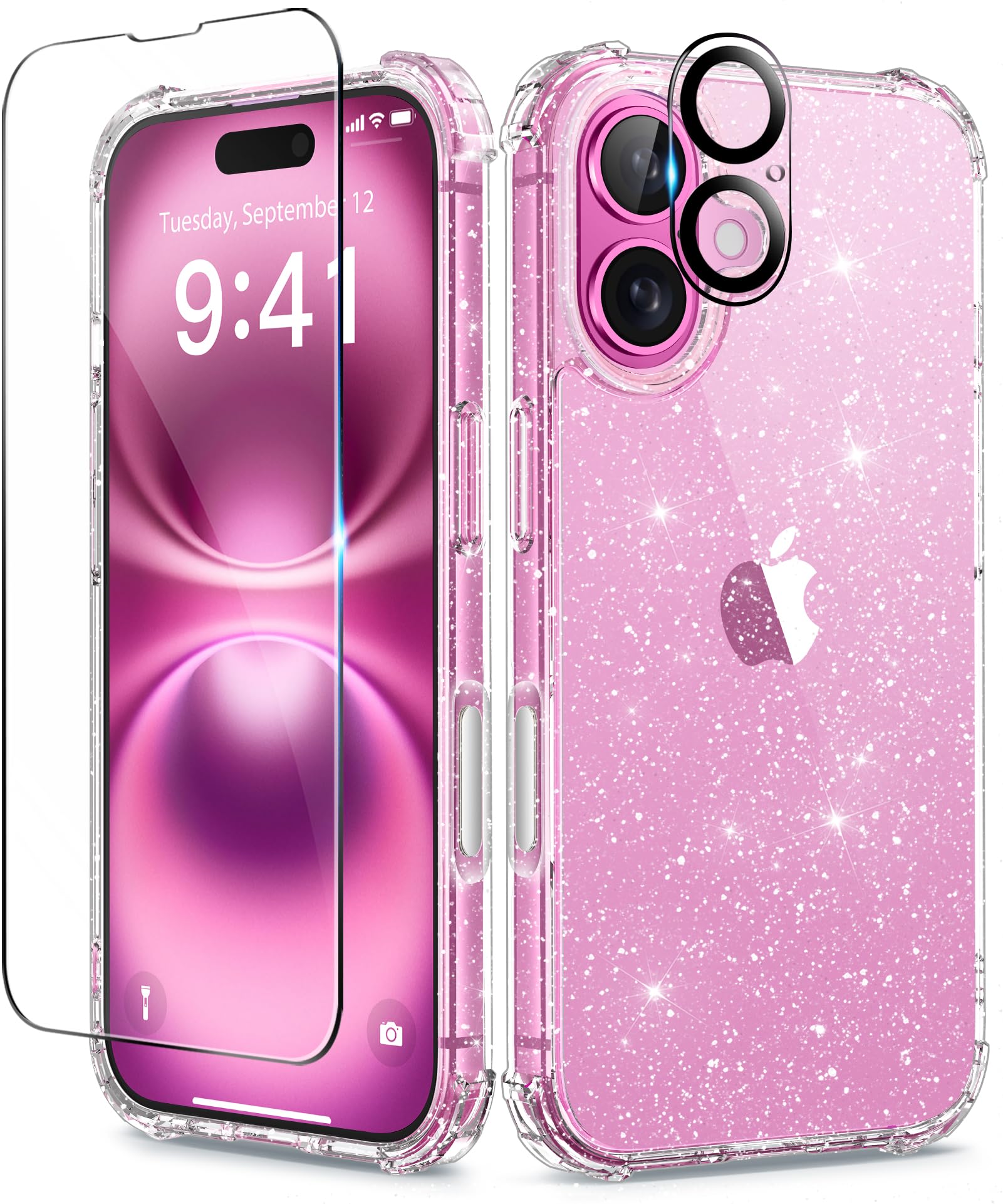 Amazon.com: BERFY Compatible with iPhone 16 Plus Case Glitter, with 9H ...