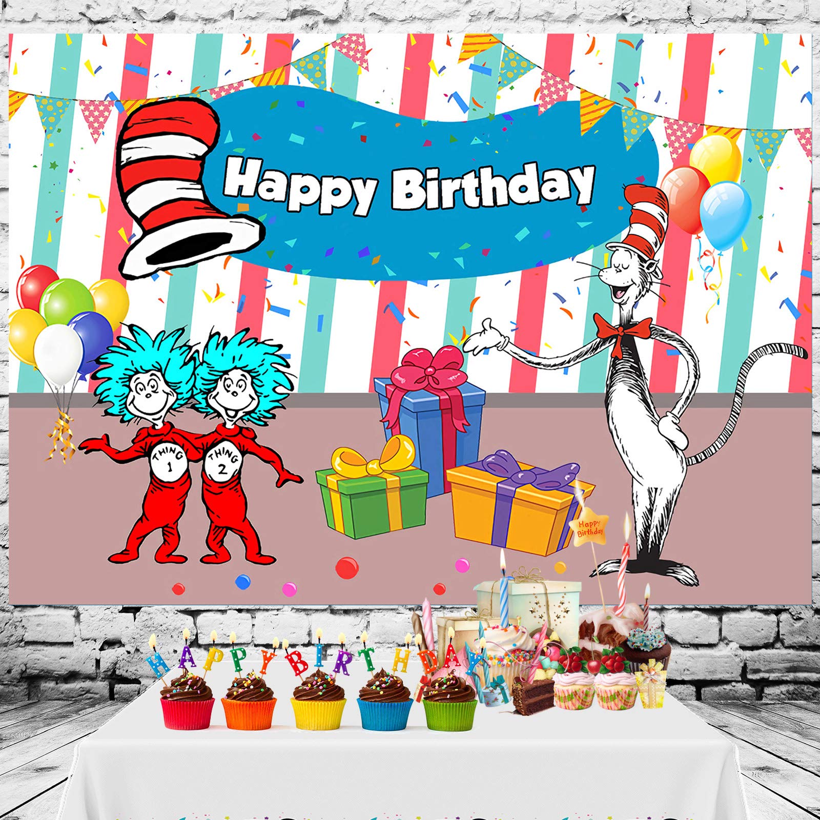 Buy Cat in The Hats Kids Party Backdrop Dr.Seuss Backdrop Cartoon Blue Bunting Twins Party ...
