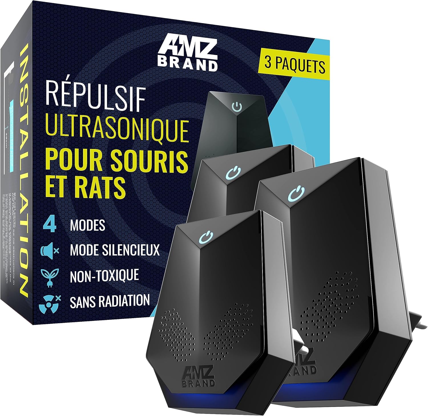 AMZ BRAND Répulsif Ultrasonique pour Souris 3 Pack - Anti-Rats - 4 Modes de Fonctionnement ...