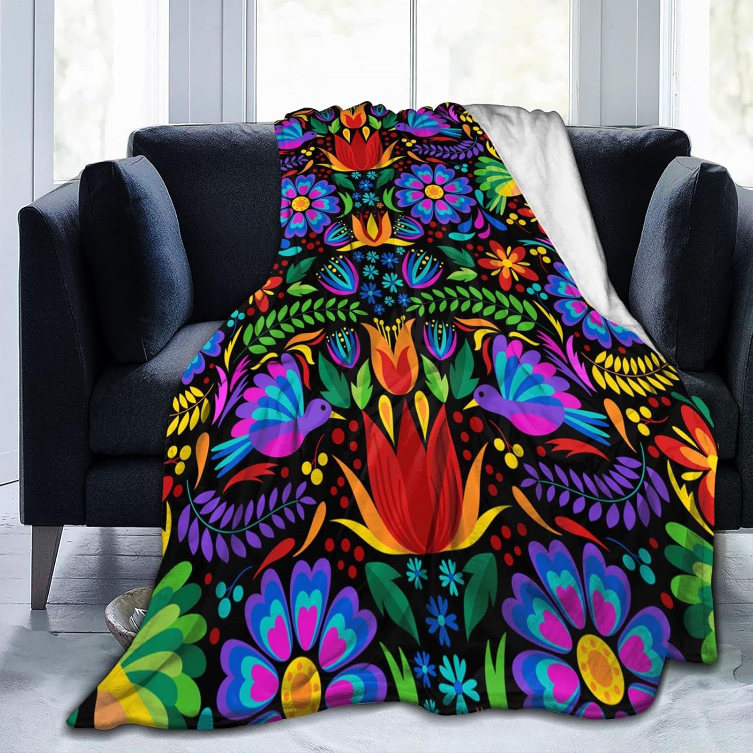 Amazon.com: Pubnico Colorful Mexican Floral and Bird Blanket, Flannel ...