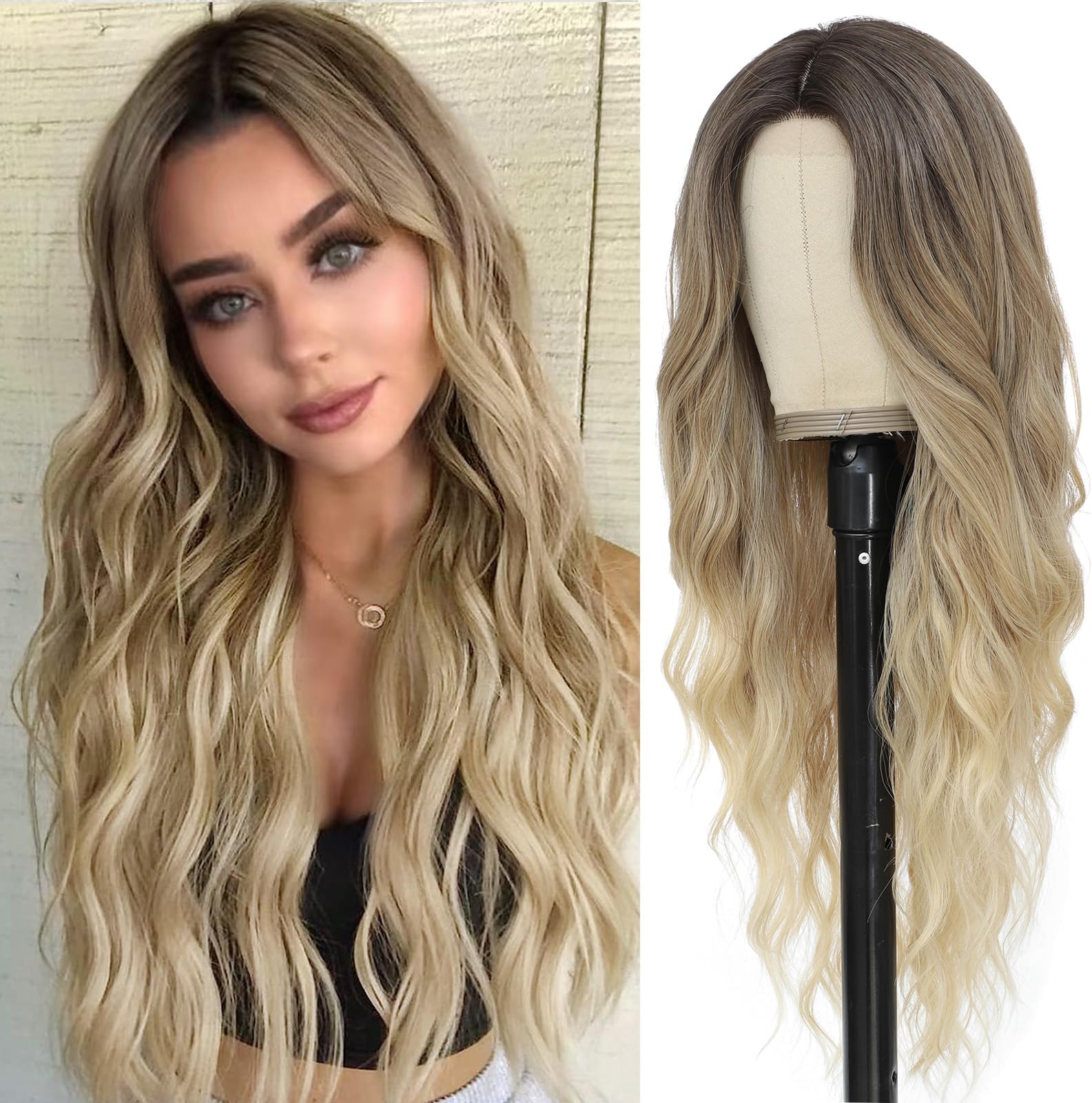 Amazon.com : WIGNEE Long Wavy Wig Middle Part Dark Brown Wig 26 Inches ...
