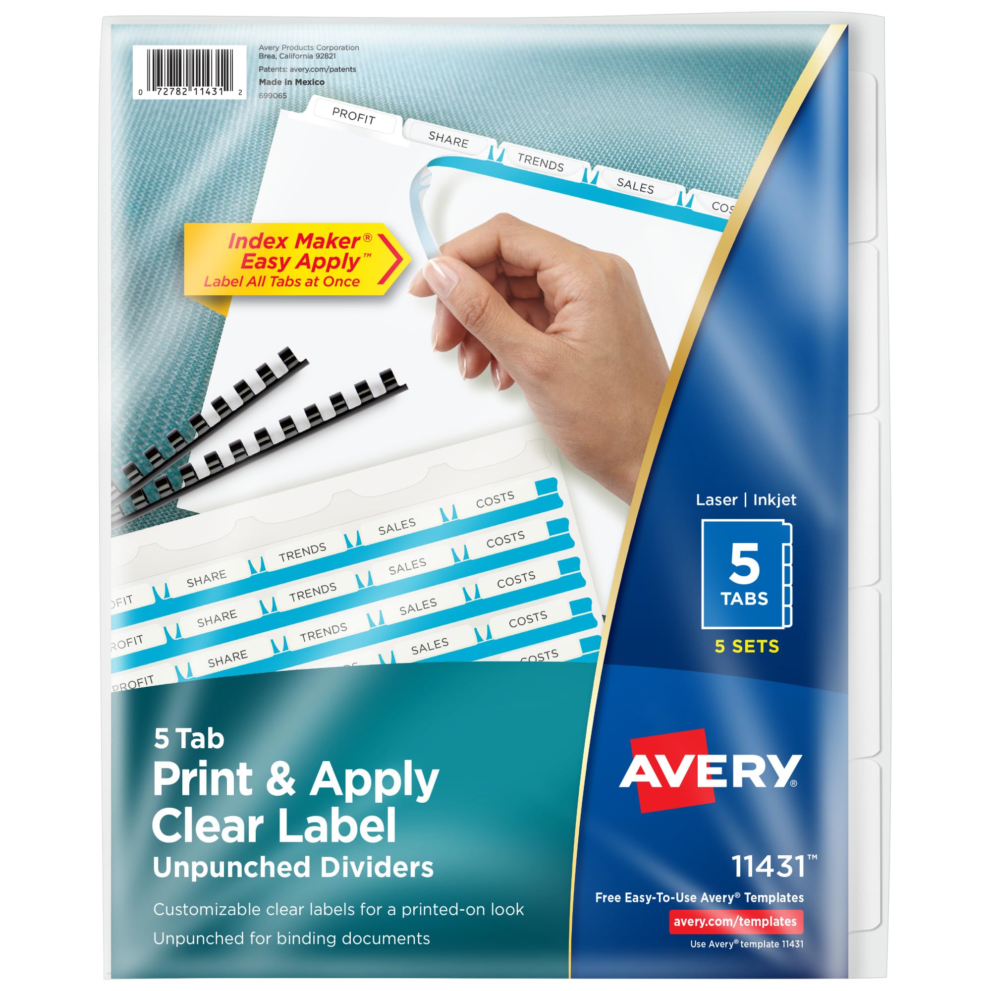 Avery 5-Tab Unpunched Binder Dividers, Easy Print & Apply Clear Label ...