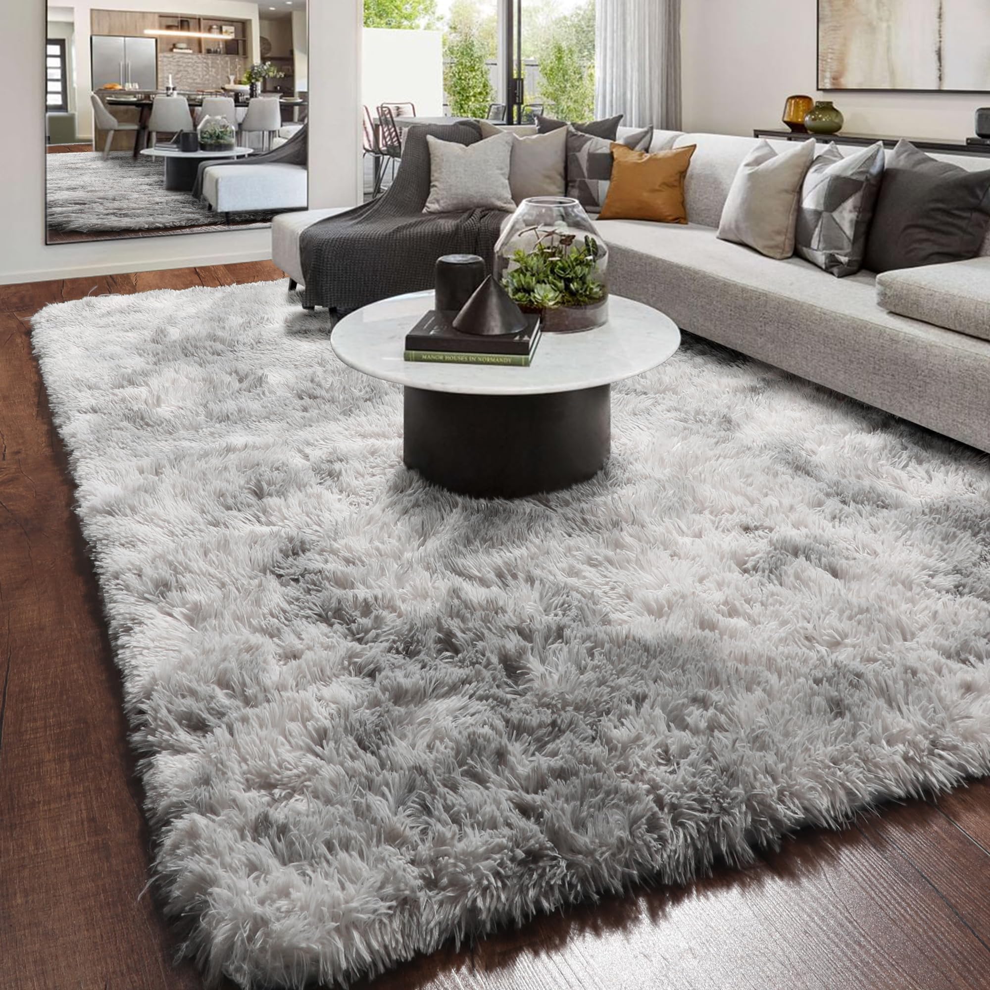 Amdrebio Tie-Dyed Light Grey Area Rug for Bedroom, Soft Shag Furry Rug ...