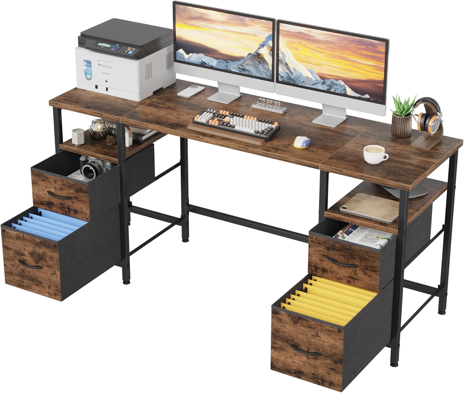YAOHUOO Computer Desk with 4 Fabric Drawers Organizer - 63"/160 Office ...