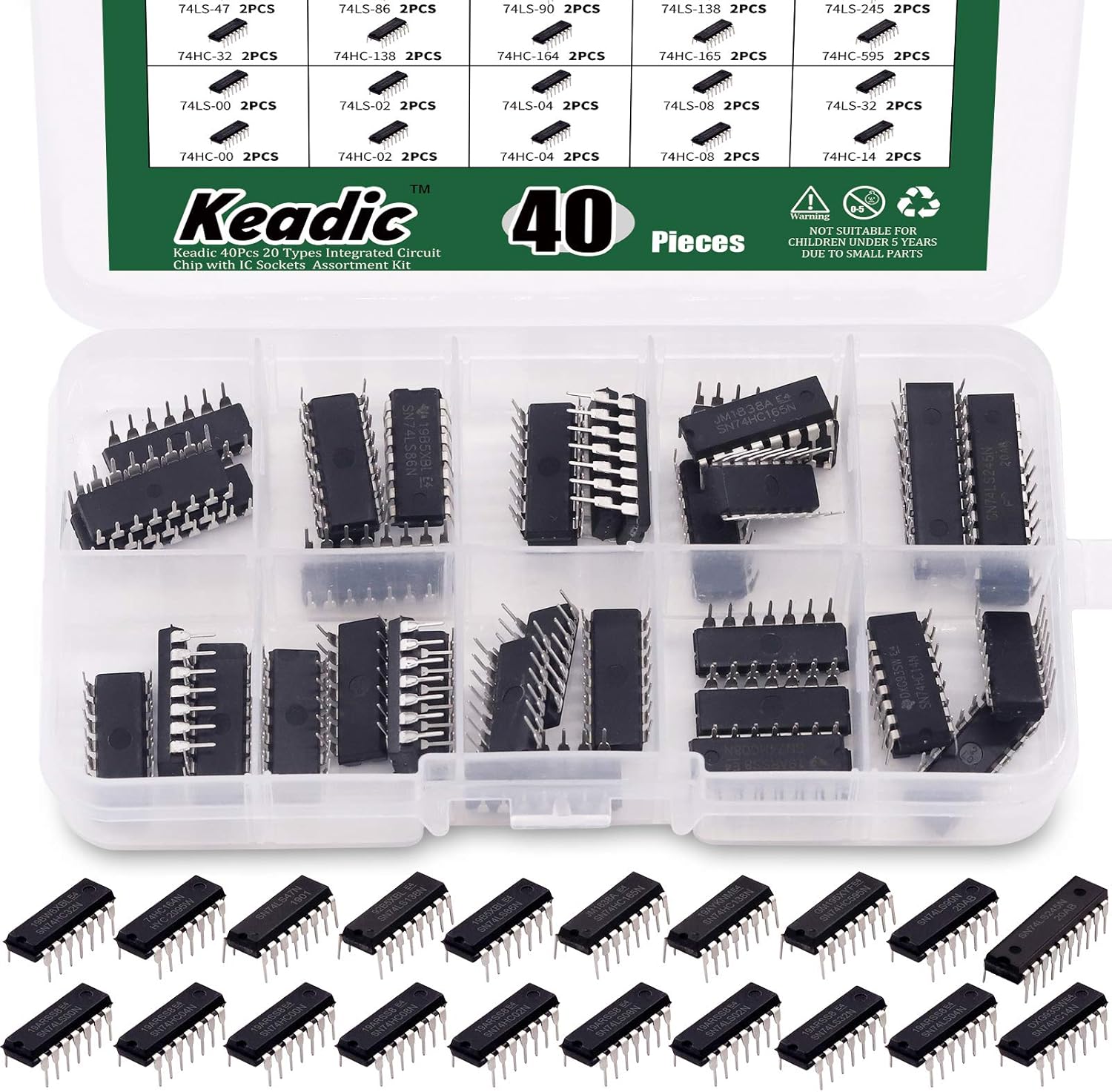 Keadic 40Pcs 20 Types 74HCxx and 74LSxx Series Logic IC Assortment Kit ...