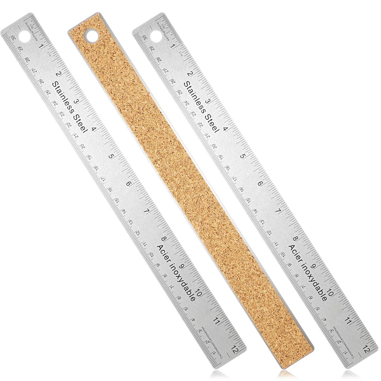 3 Pieces Stainless Steel Cork Base Rulers 12 Inches 30 cm Non Slip ...