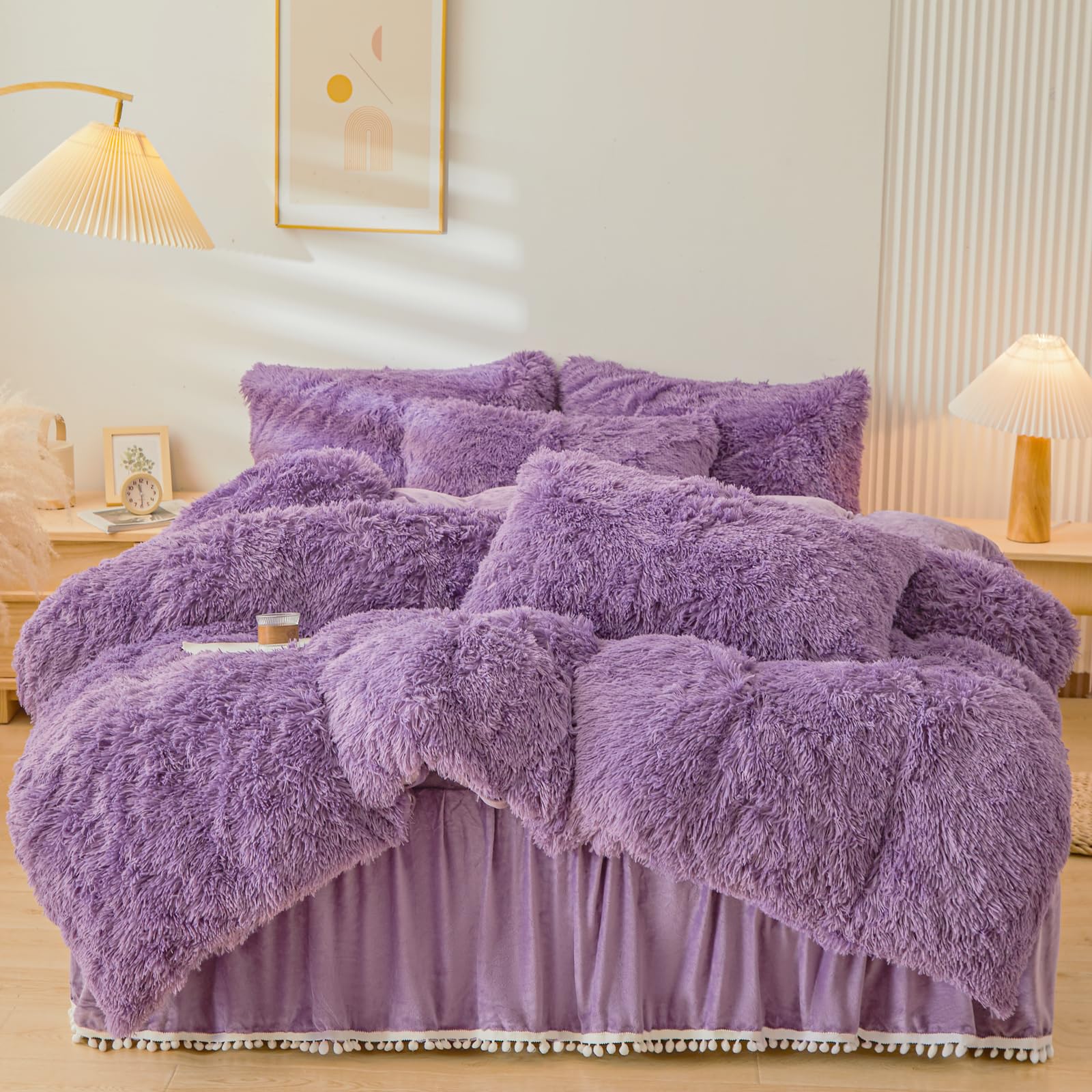 Amazon.com: ERLOXO Fluffy Purple Faux Fur Comforter Cover Set，Fluffy ...