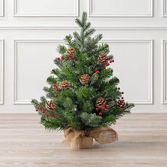 Christow Artificial Mini Christmas Tree with Pine Cones & Berries, 2ft ...