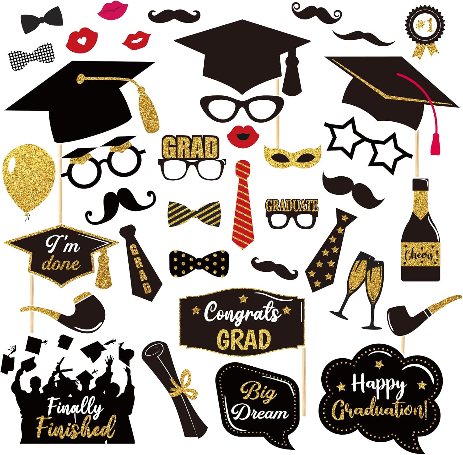 Amazon.com: Whaline 38Pcs Graduation Photo Booth Props Kit Gold Black ...