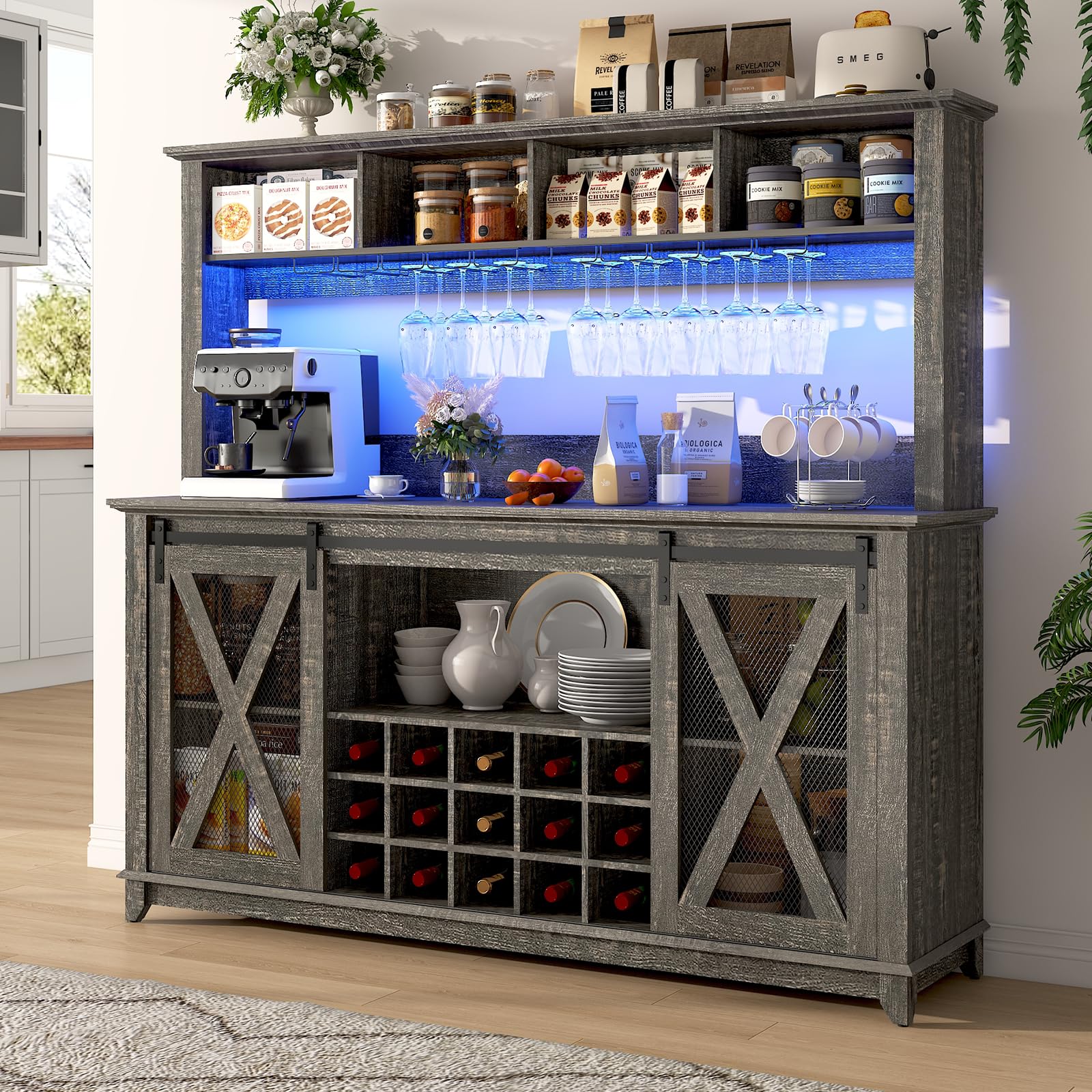 Amazon.com: 63"W Farmhouse Coffee Bar Cabinet with LED Light,Wine Bar ...