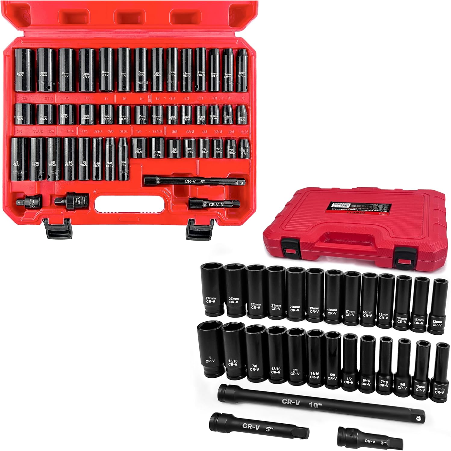 29 Piece 1/2" Deep Socket & 48-Piece 3/8" Drive Impact Socket Set ...