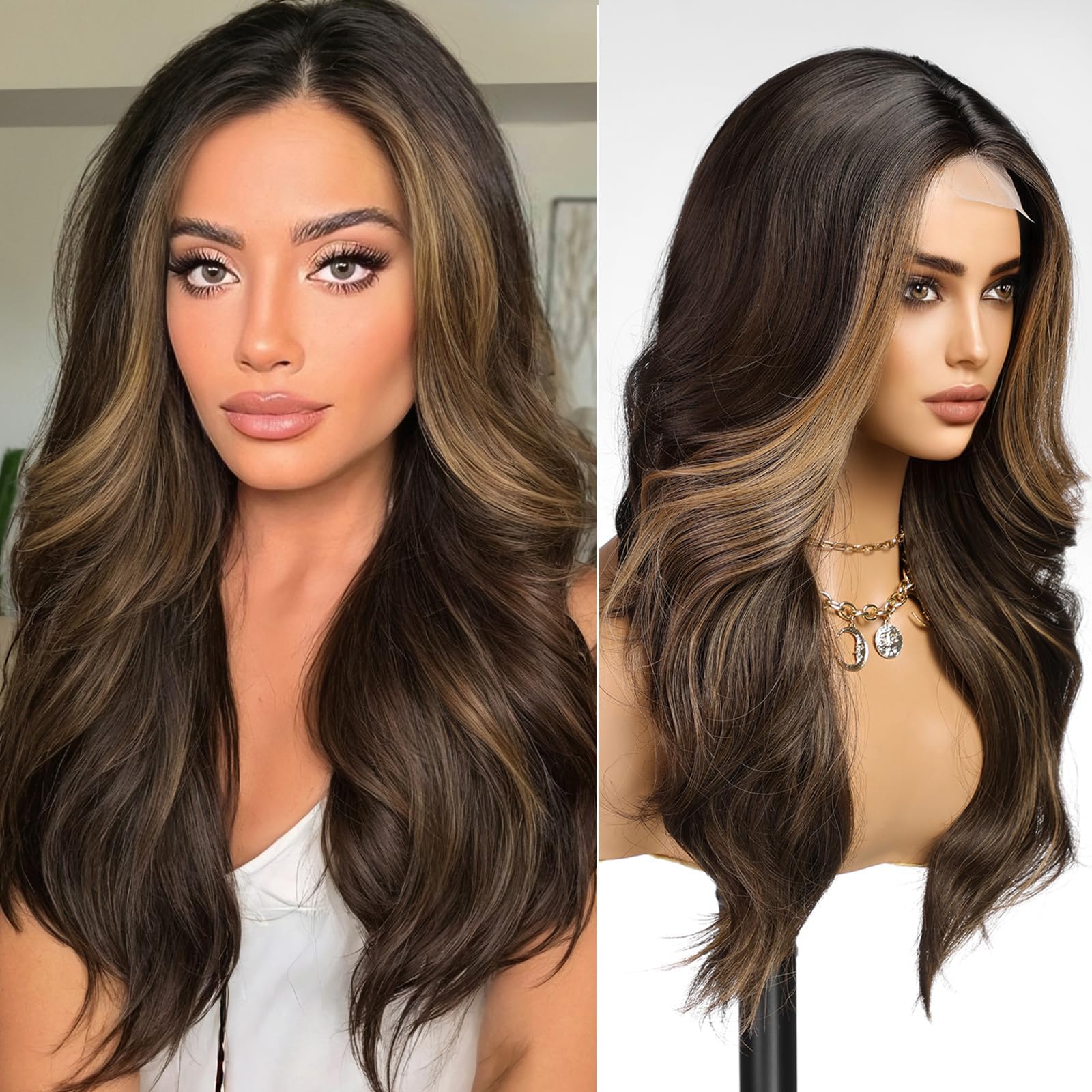 Amazon.com : KOME Brown Long Wavy Wigs for Women,Brown Highlight Middle ...