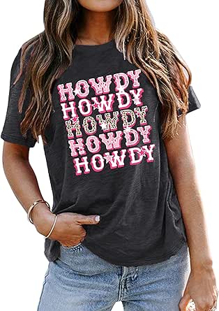 Howdy Cowgirl T-Shirt for Women Pink Leopard Letter Print Shirt Retro ...