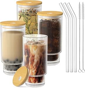 Amazon.com: WXCWYQR Glass Cups with Lid and Straw 4 Set, 16OZ Drinking ...
