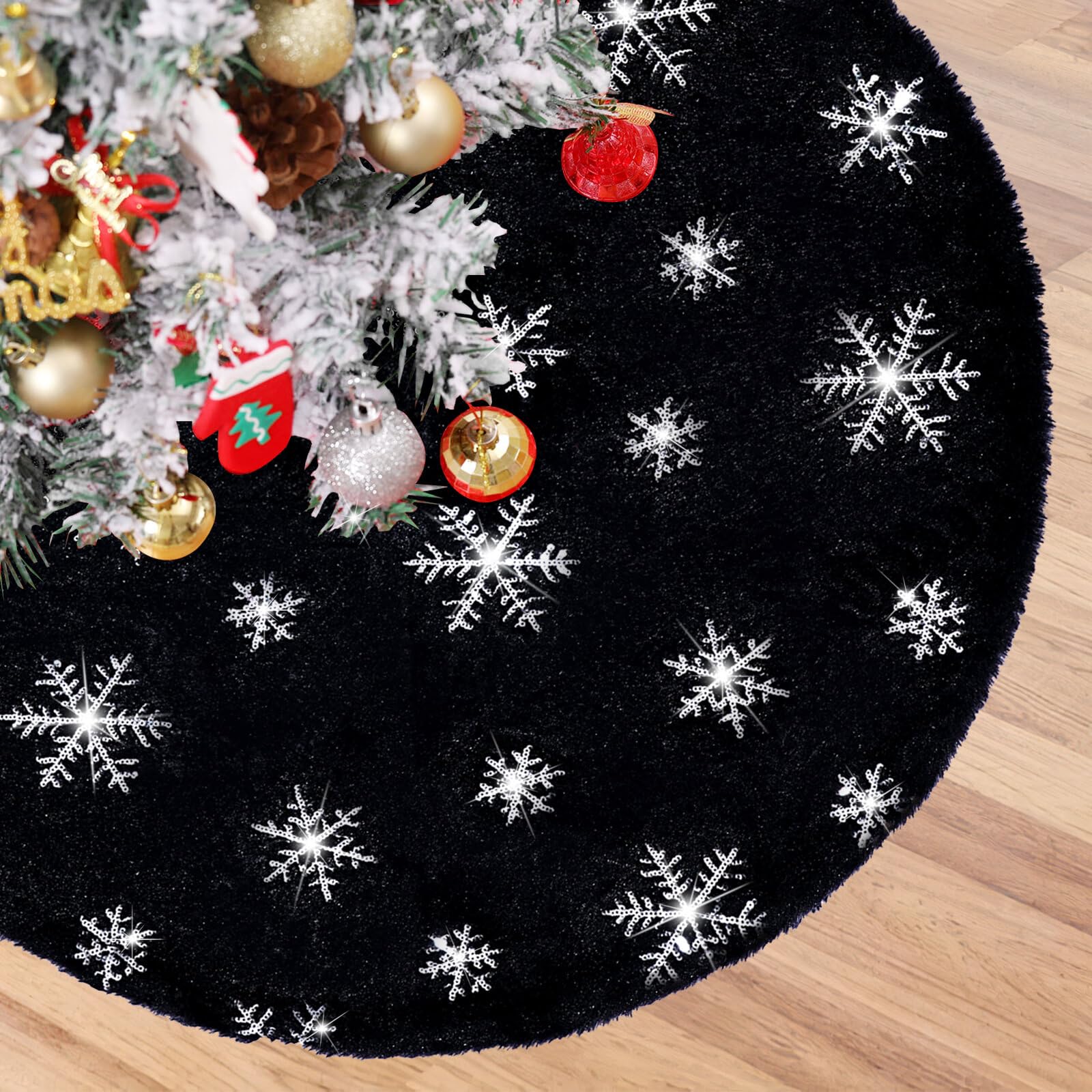 Amazon.com: Faux Fur Christmas Tree Skirt Black Snowflakes Tree Skirt ...