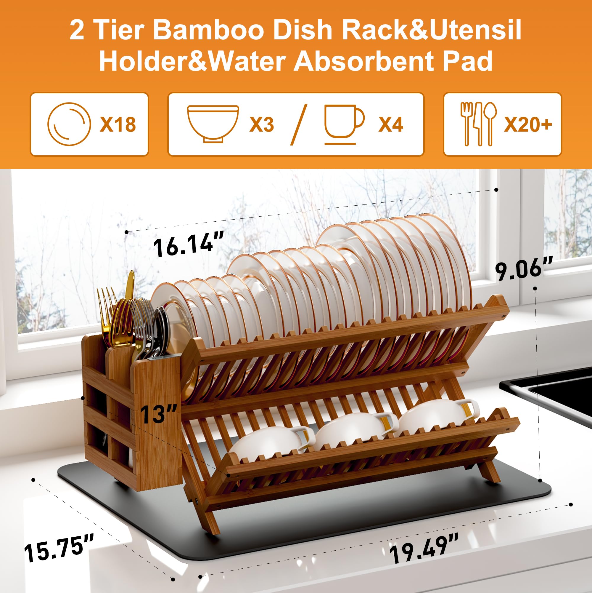 Greenual Teak Dish Drying Rack with Utensil Holder, 2 Tier Collapsible ...