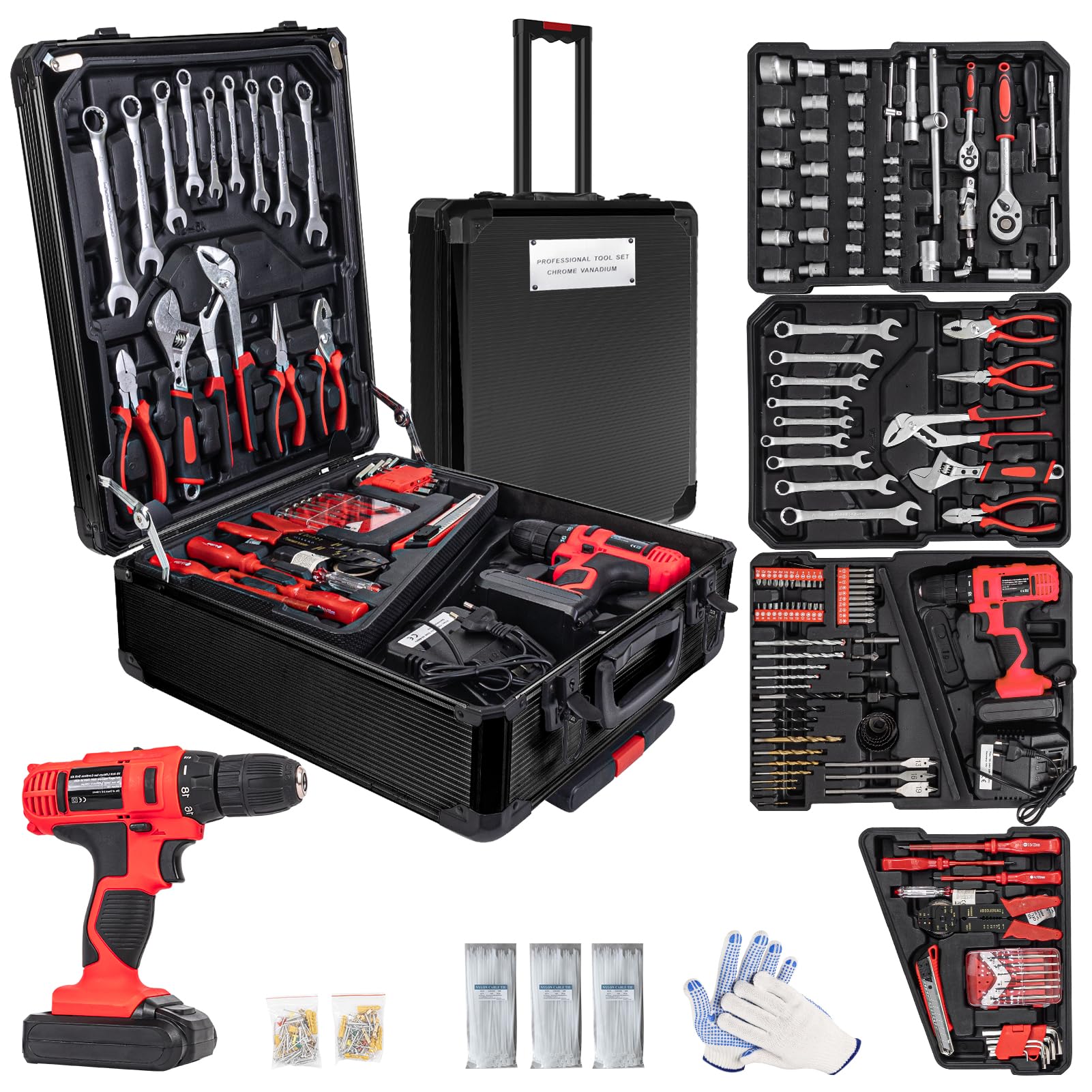Power Tool Set with 18V Cordless Drill, Electric Power Drill Set, Tool ...