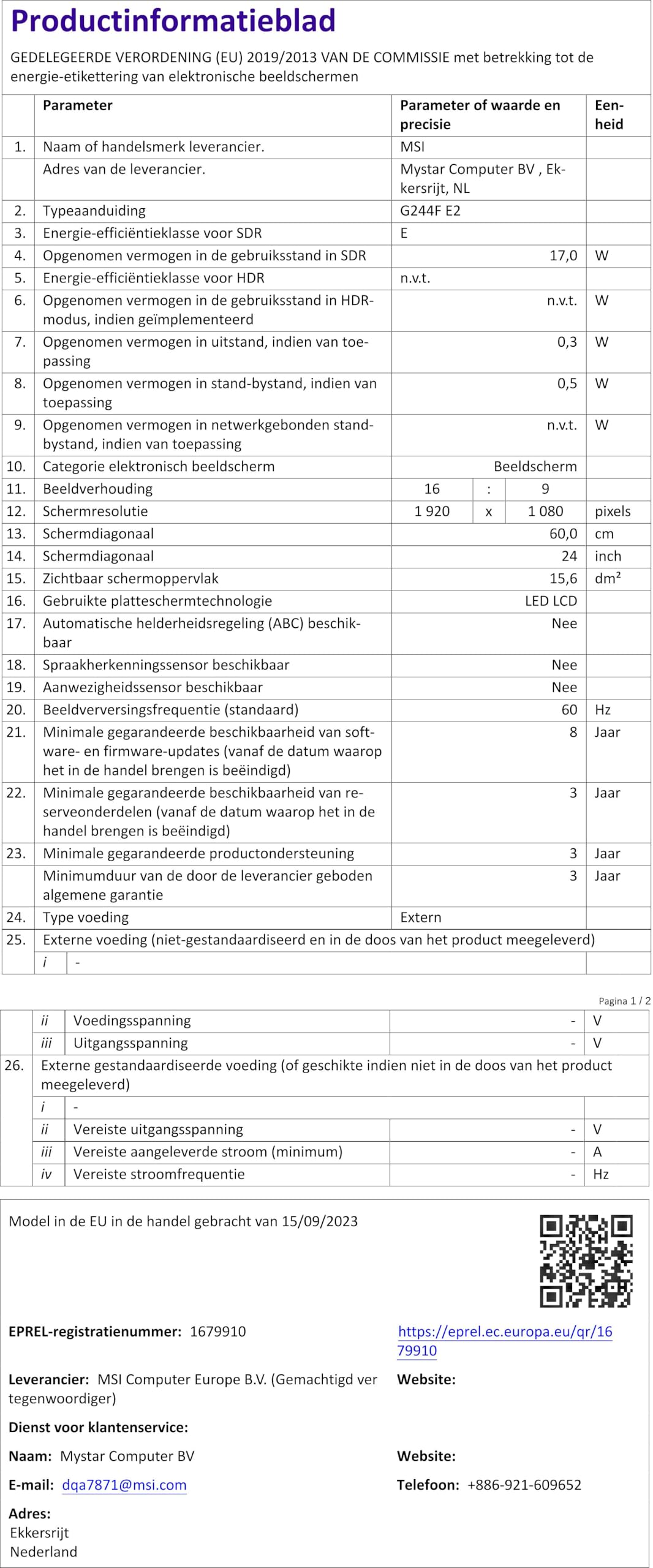 MSI G244F E2 écran plat de PC 60.5 cm (23.8") 1920 x 1080 pixels Full HD Noir : Amazon.nl ...