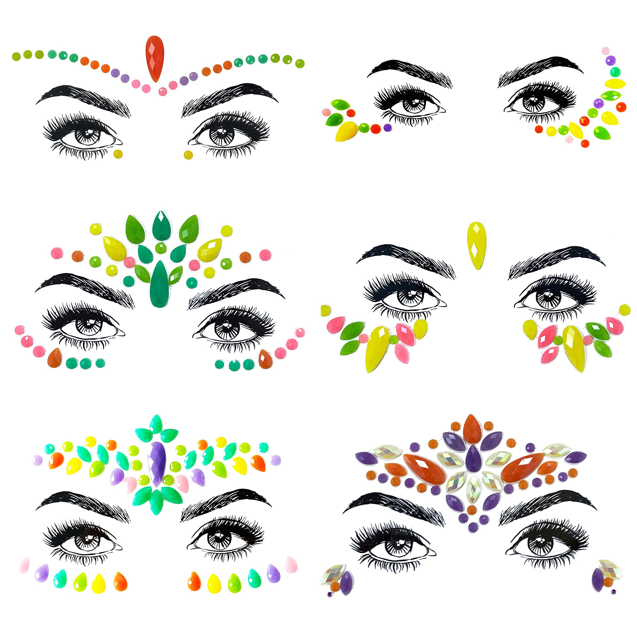 SHINEYES 6 Pcs Noctilucent Glow Face Sticker Glitter Gems jewels for ...