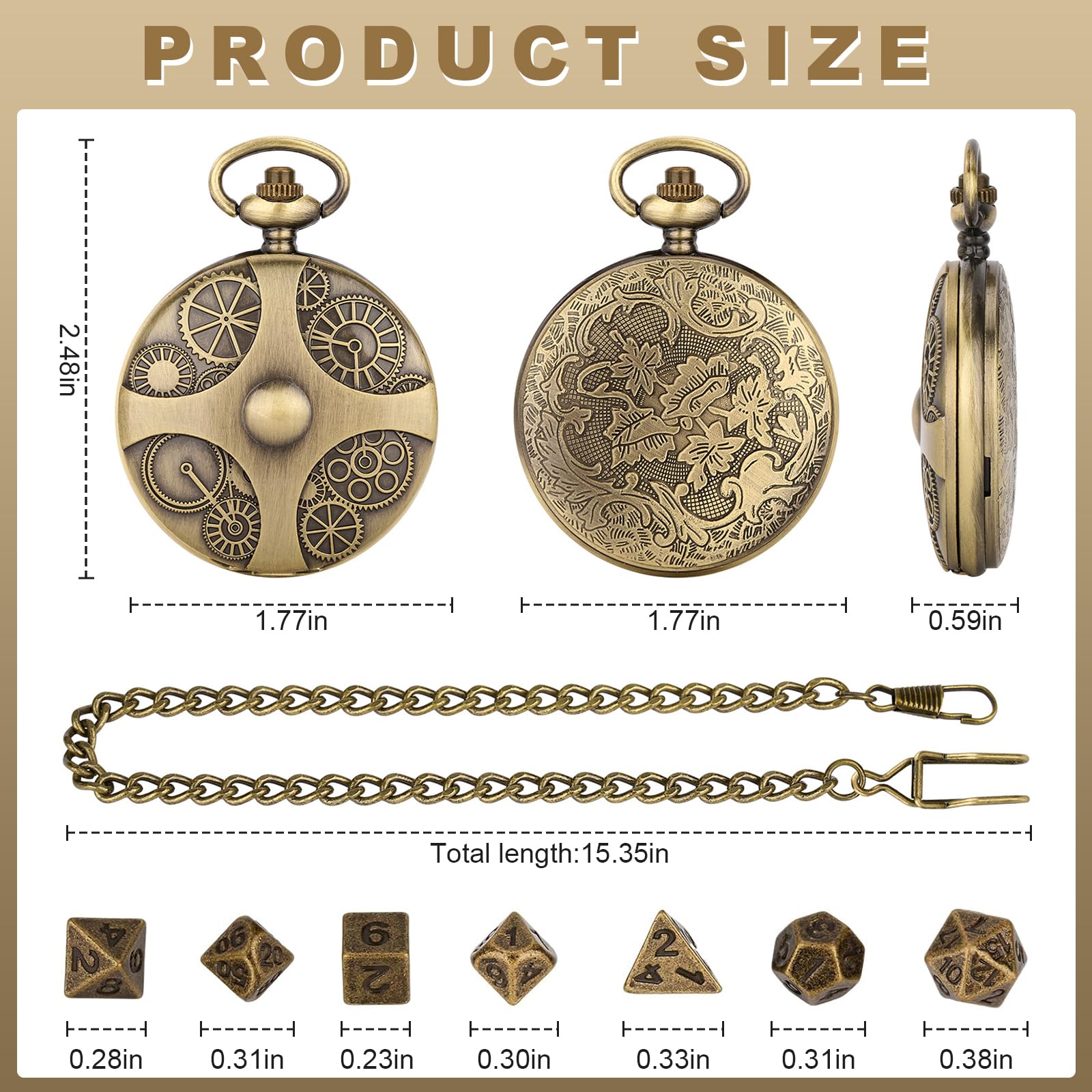 Mini Metal DND Dice Set Bronze Steampunk Gear Pocket Watch Shell 7pcs ...