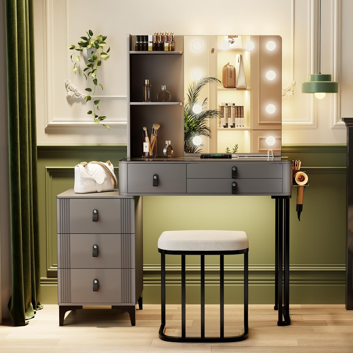 FREDEES Dressing Table with Lighting & Mirror, Grey Dressing Table with ...