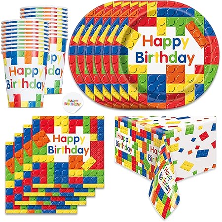 Amazon.com: Building Block Party Supplies | Includes Large Plates, Cups ...