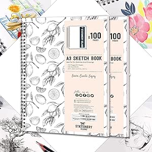 STATIONERY ISLAND A3 Sketchbooks 2 Pack, 130gsm Cartridge Paper Sketch Books A3, Spiral Bound ...