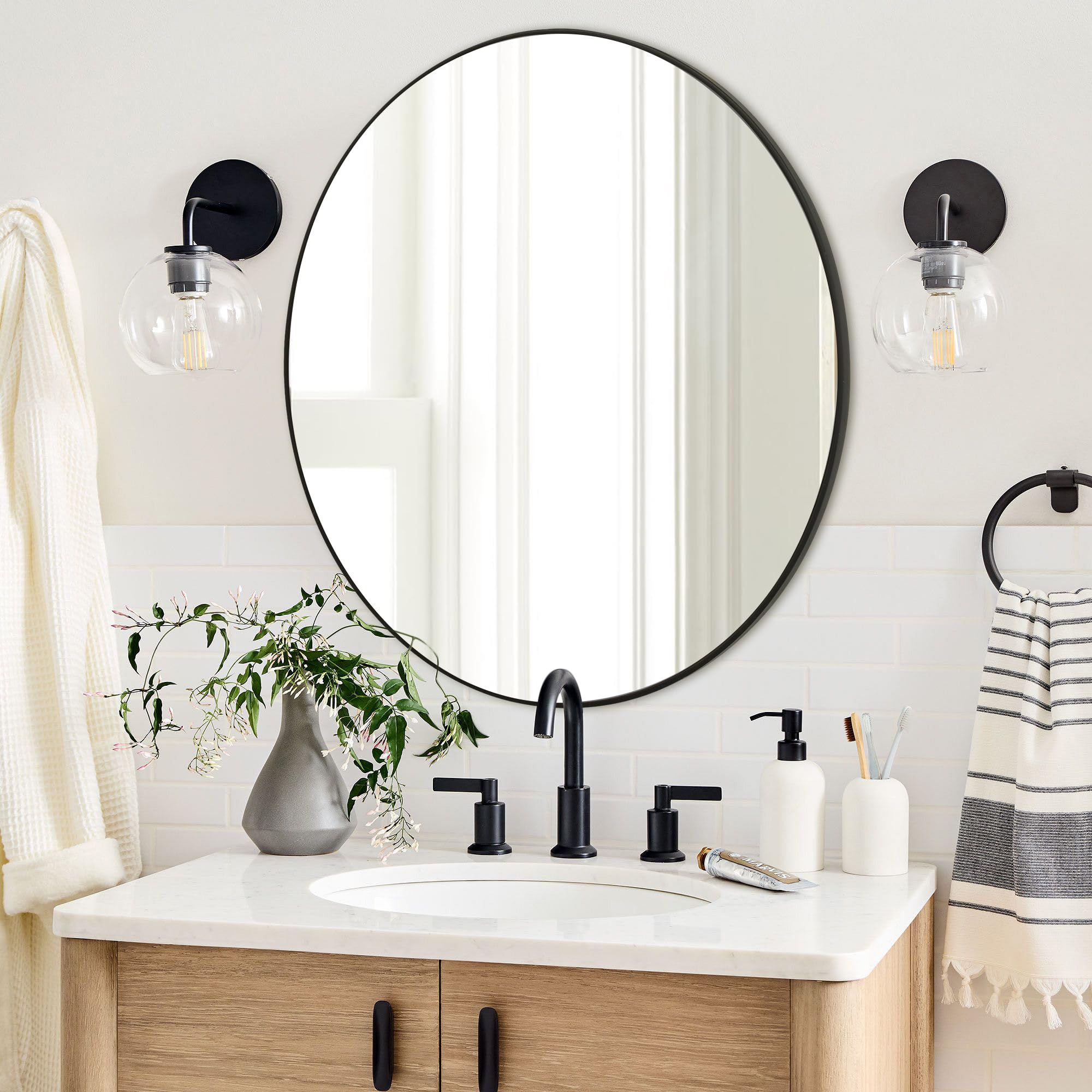 CULER Round Black Bathroom 30 Inch Mirror,Circle Wall Modern Mirror for ...