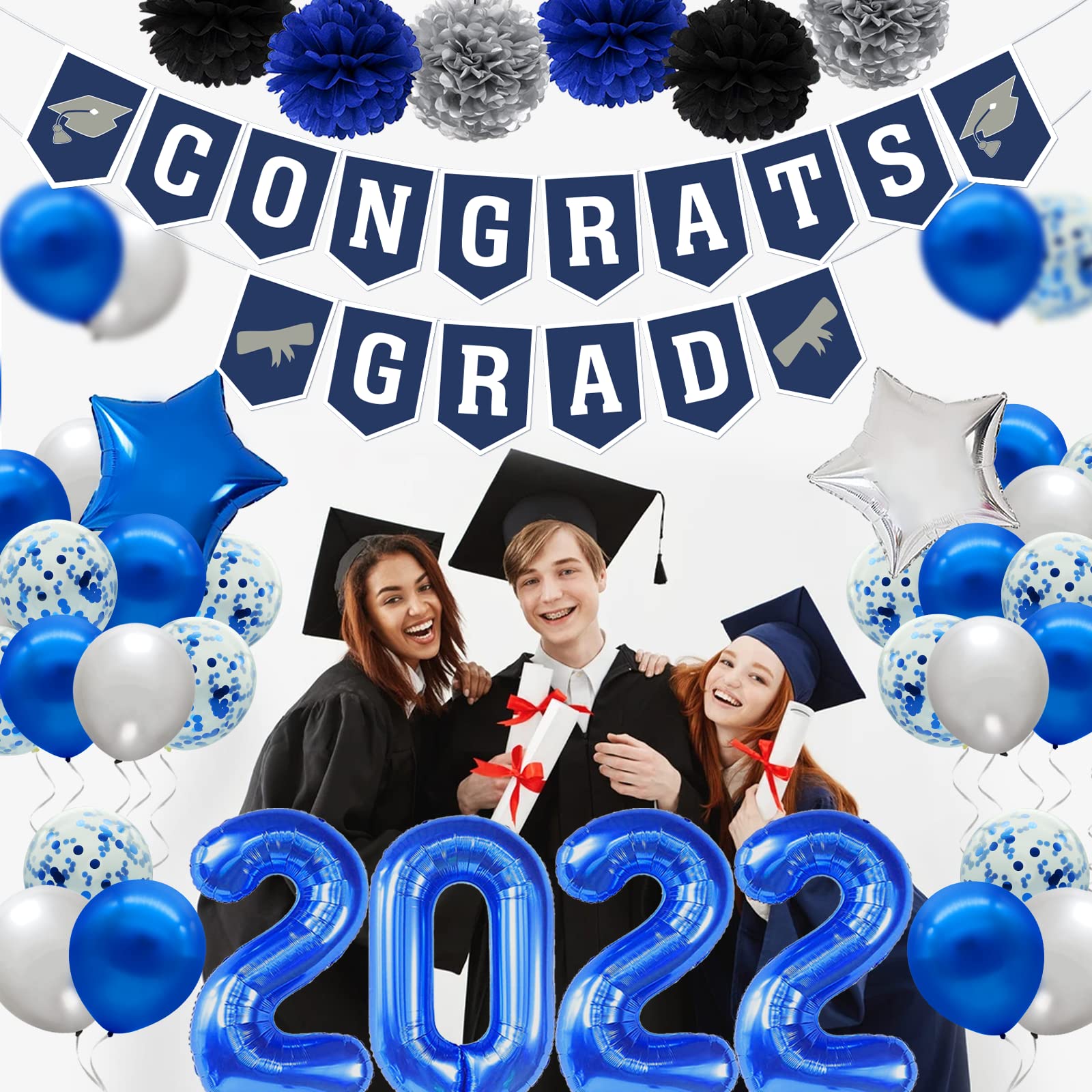 Buy Blue Graduation Party Decorations 2022 Large Congrats Grad Banner ...