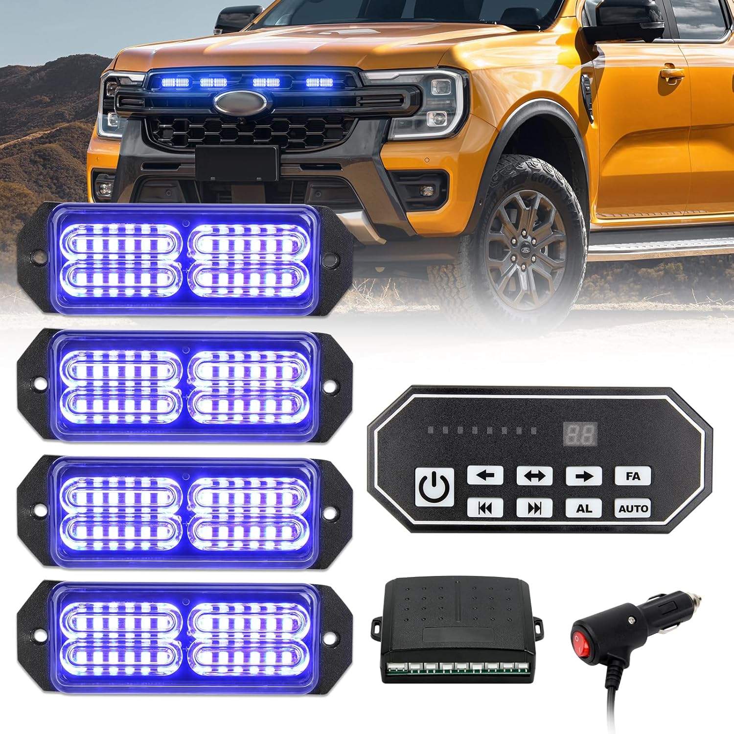 Afurkuot Blue LED Strobe Lights for Vehicles, 4-in-1 Surface Mount LED ...