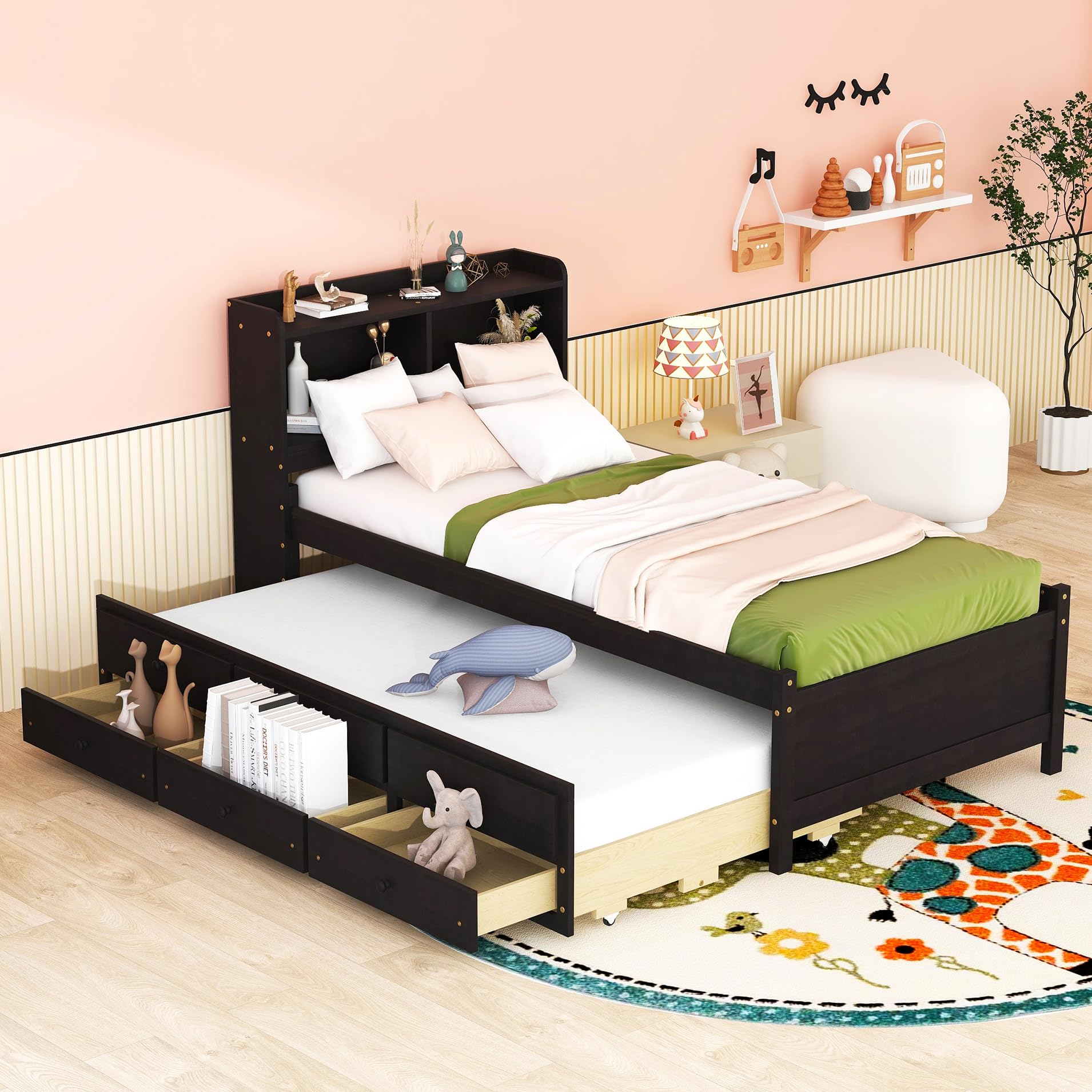 Amazon.com: Linique Twin Size Platform Bed with Trundle, Bookcase ...